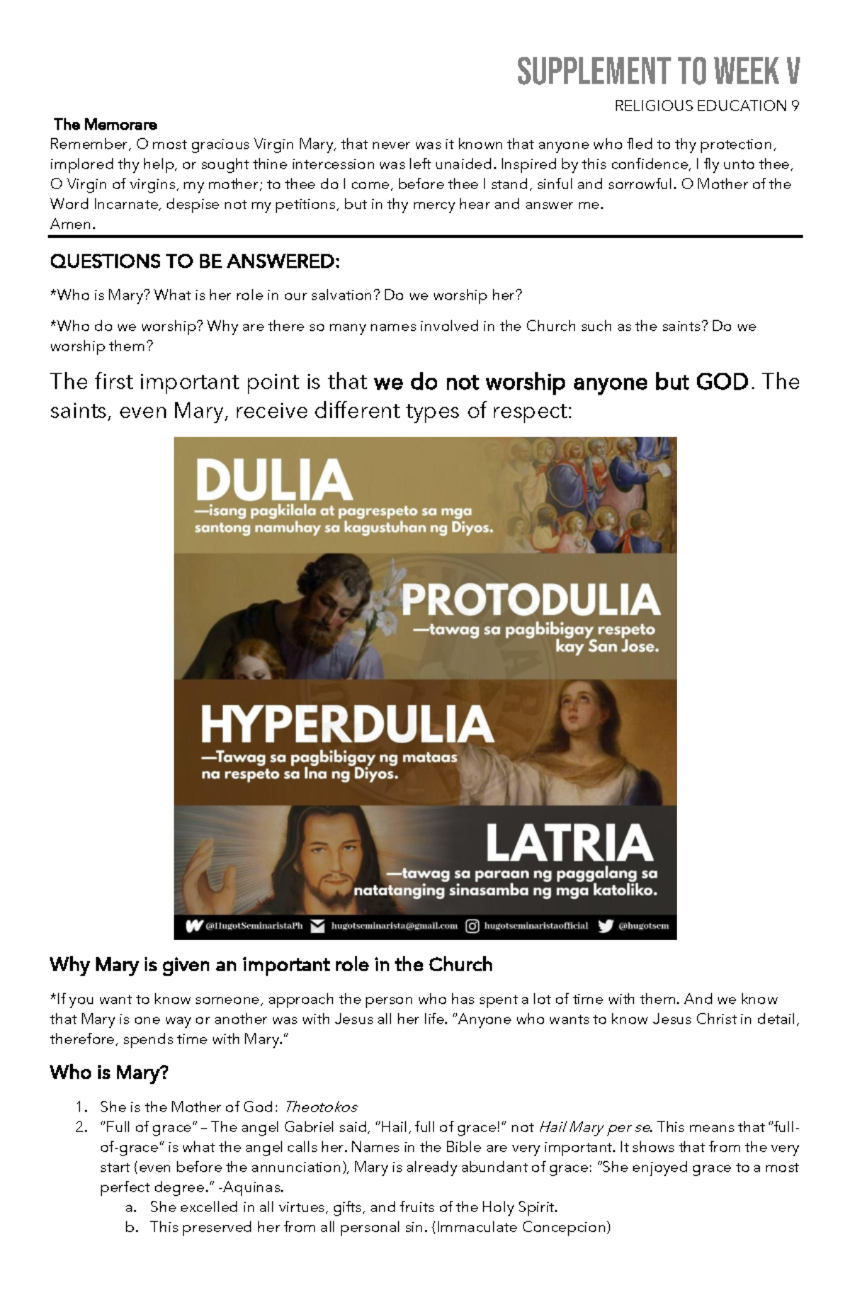 Handouts Mary - Mary - RELIGIOUS EDUCATION 9 The Memorare Remember, O ...