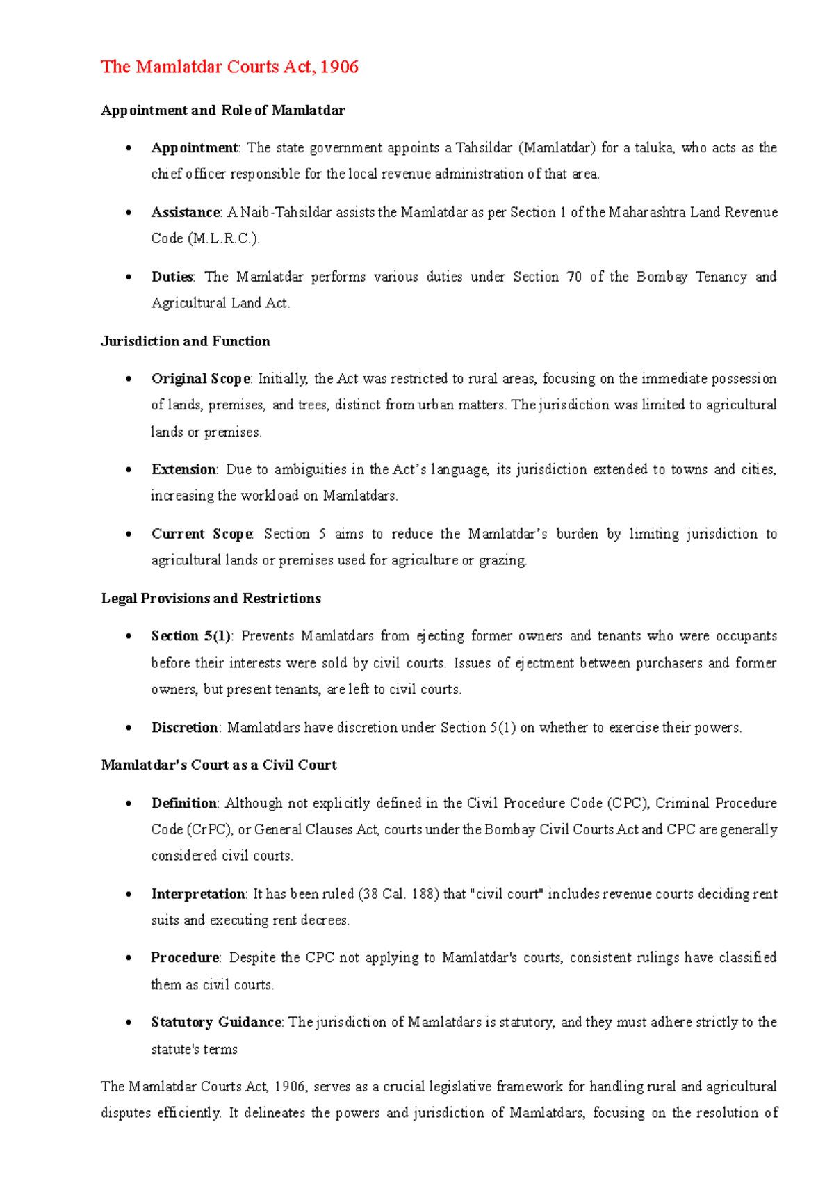 The Mamlatdar Courts Act, 1906 - Assistance: A Naib-Tahsildar assists ...