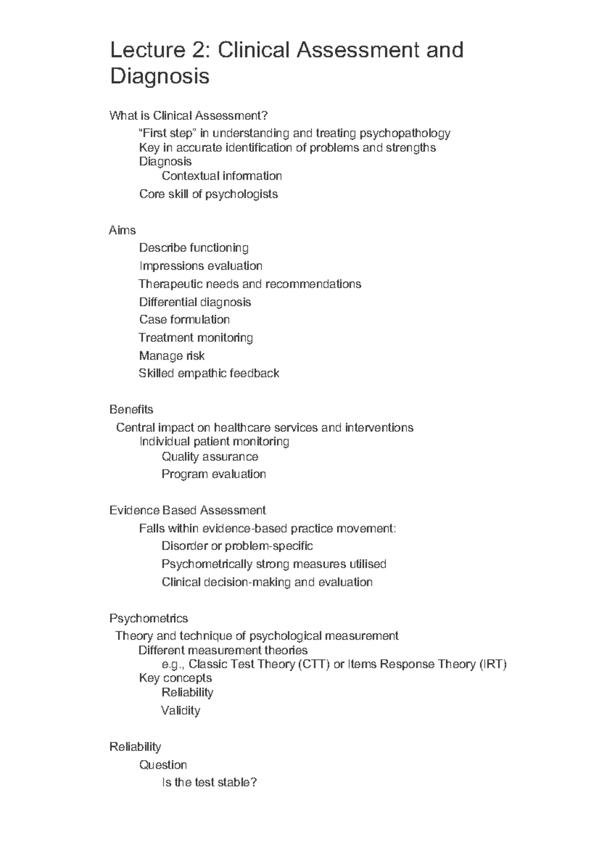 PSYC3025 Lecture 2 - Lecture 2: Clinical Assessment and Diagnosis What ...