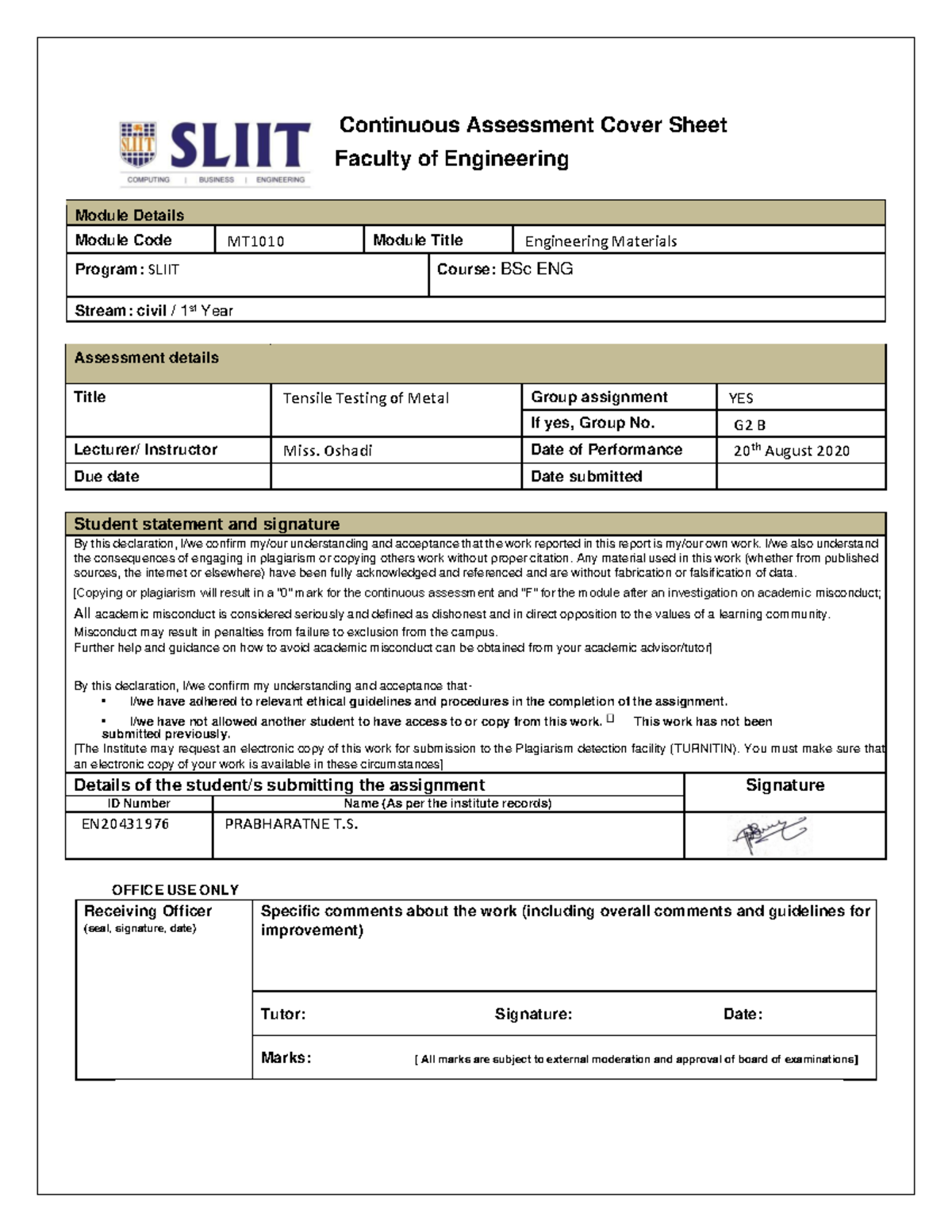 EN20431976 Tensile - Material - Continuous Assessment Cover Sheet ...