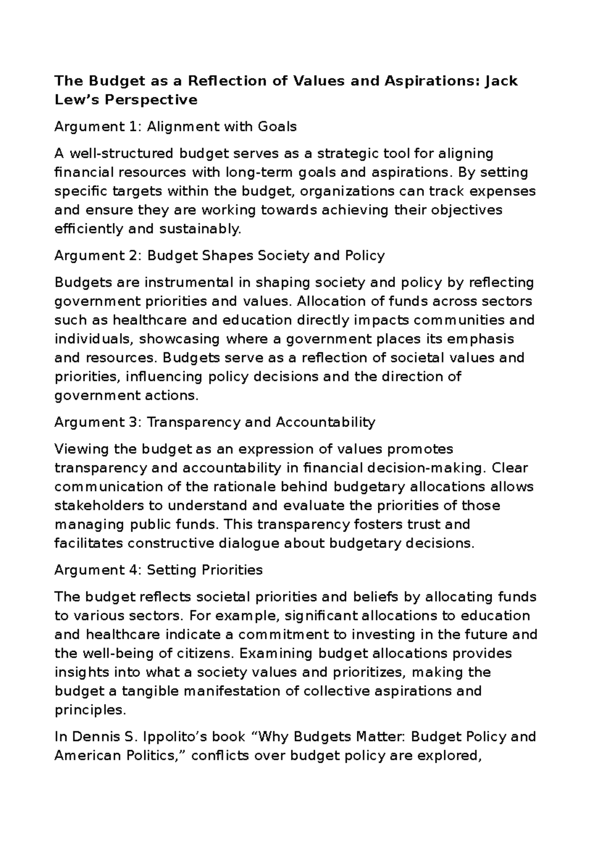The Budget as a Reflection of Values and Aspirations Jack Lews ...