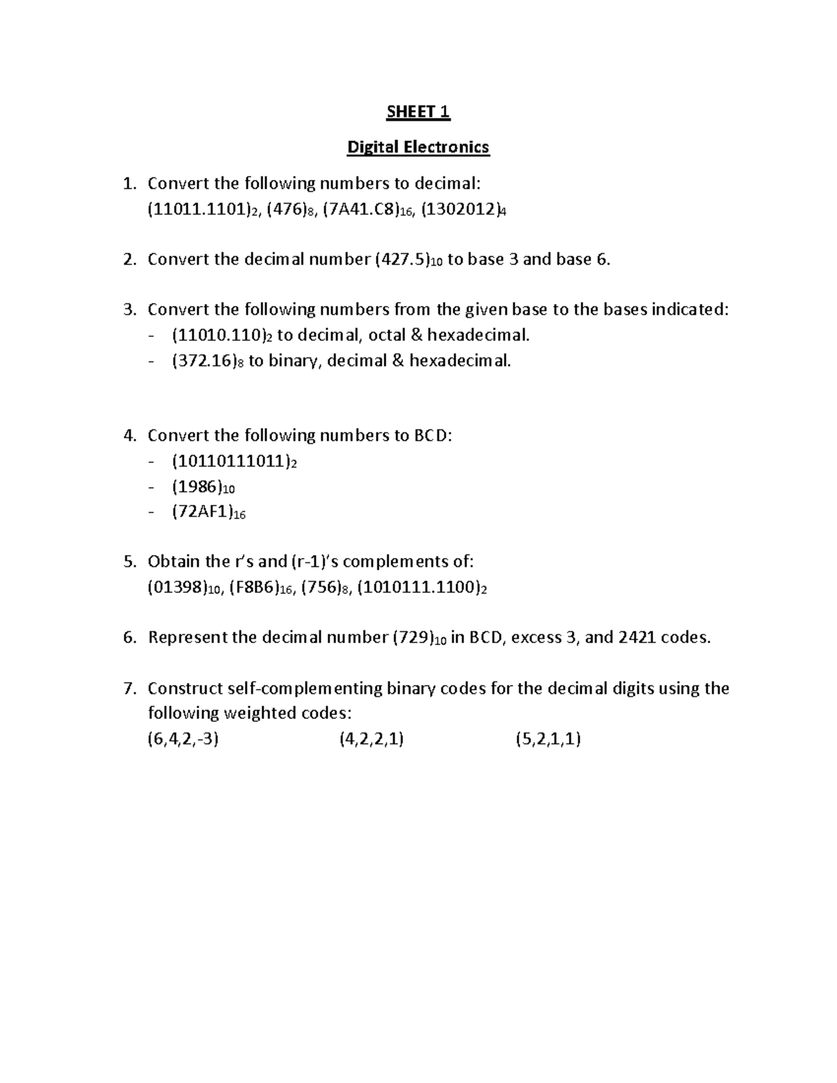 Digital Electronics Sheet 1 - SHEET 1 Digital Electronics Convert the following numbers to ...