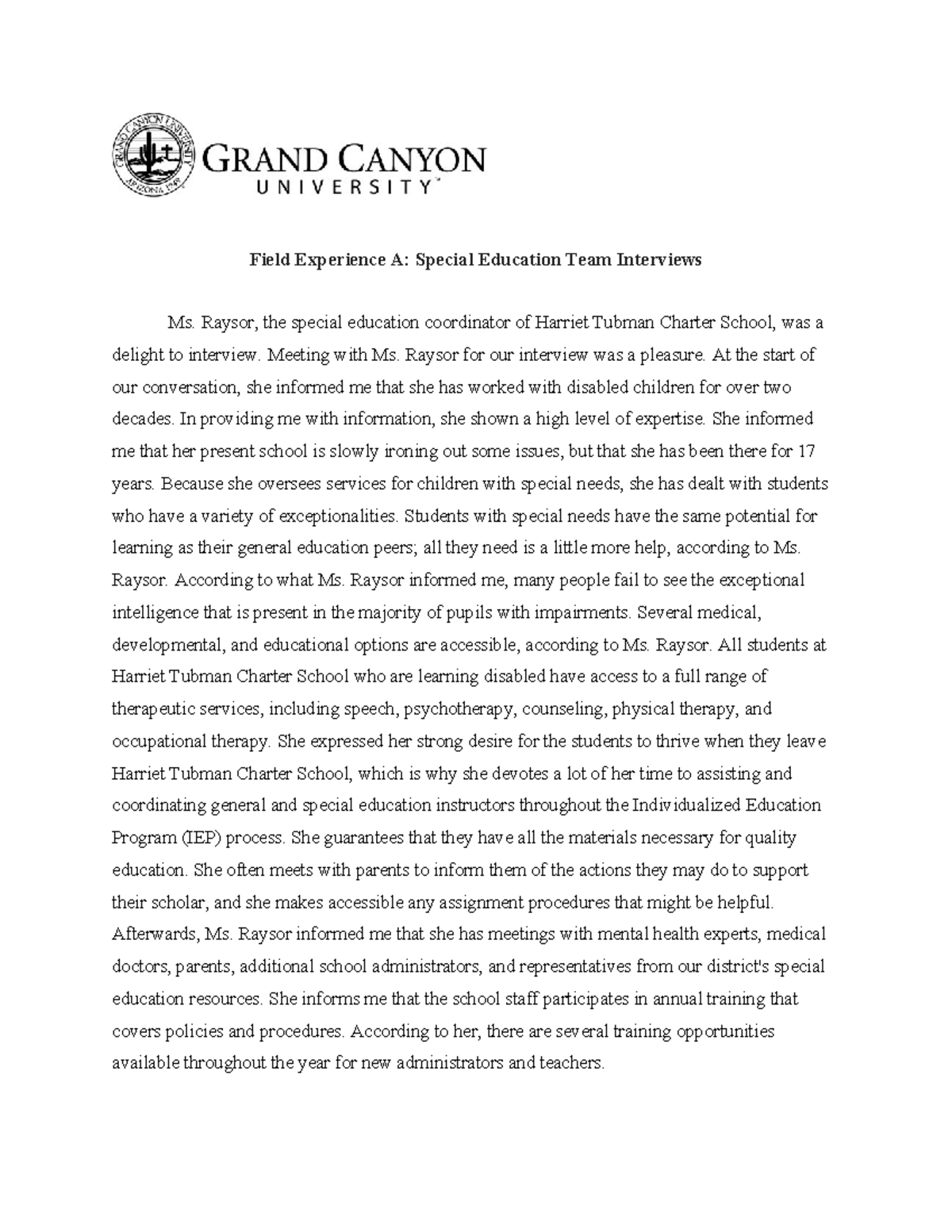 SPD200- Field Experience A- Special Education Team Interviews - Field ...