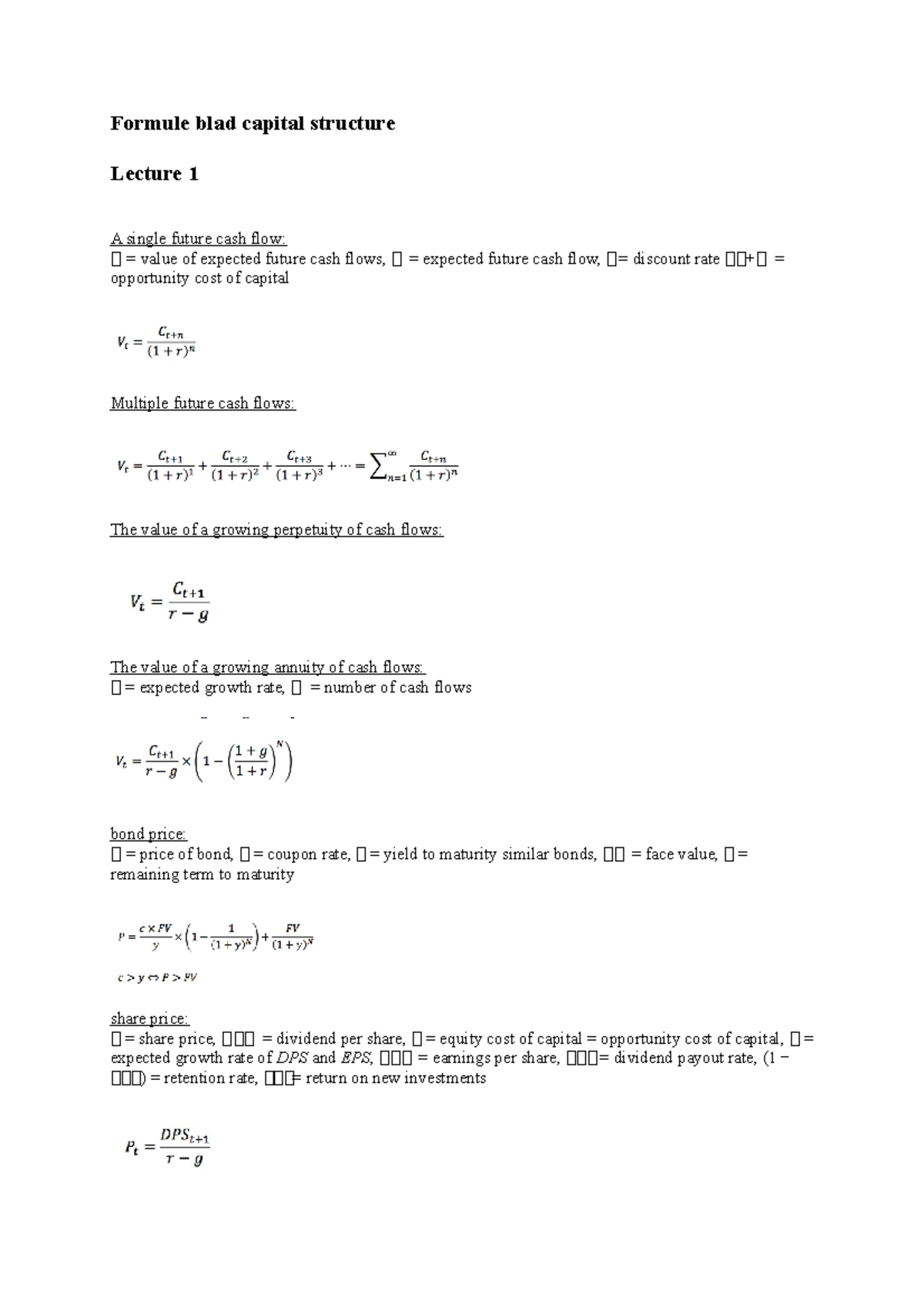 Formule blad capital structure - Formule blad capital structure Lecture ...