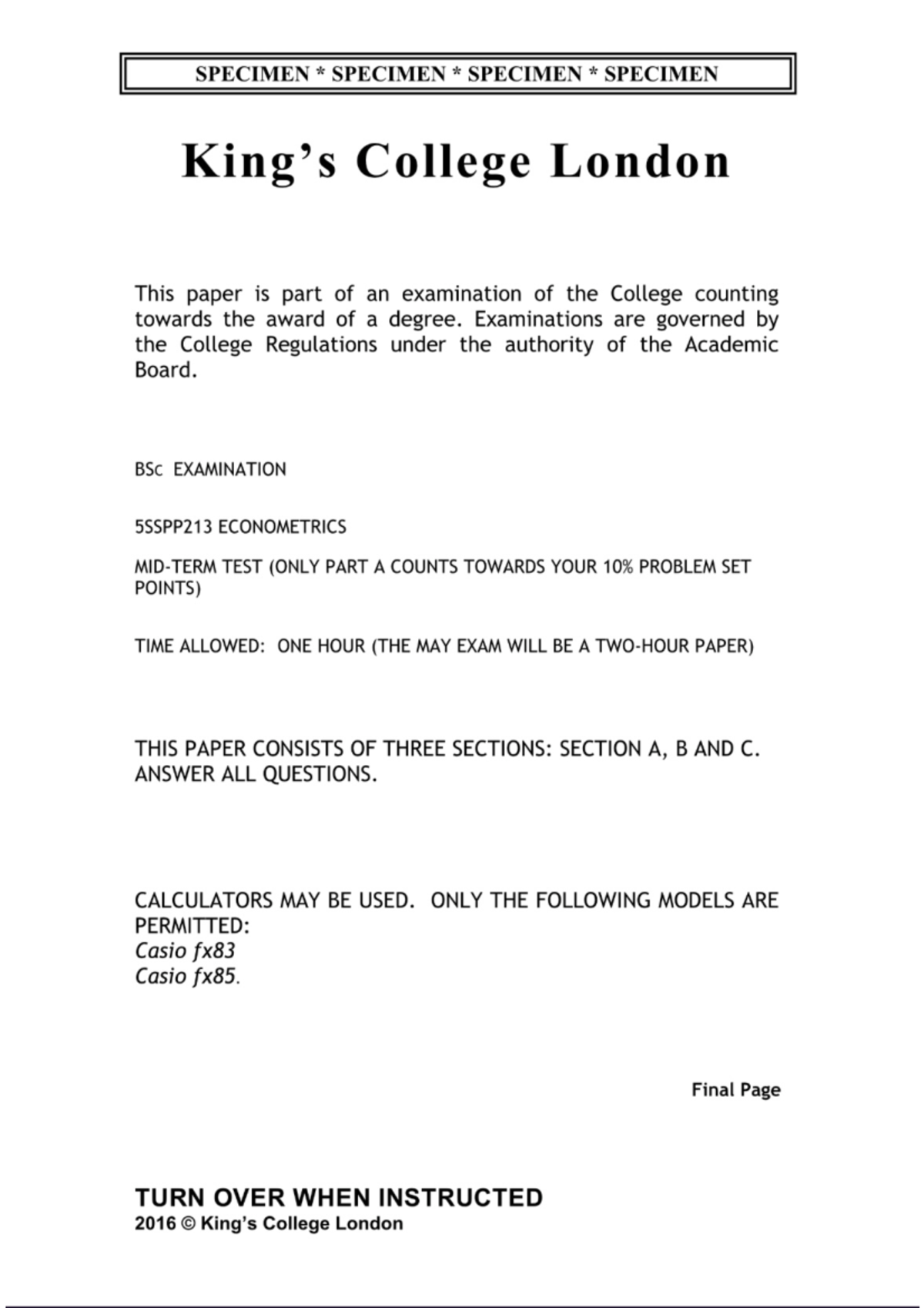 Sample final exam - good for practice - SPECIMEN SPECIMEN SPECIMEN ...