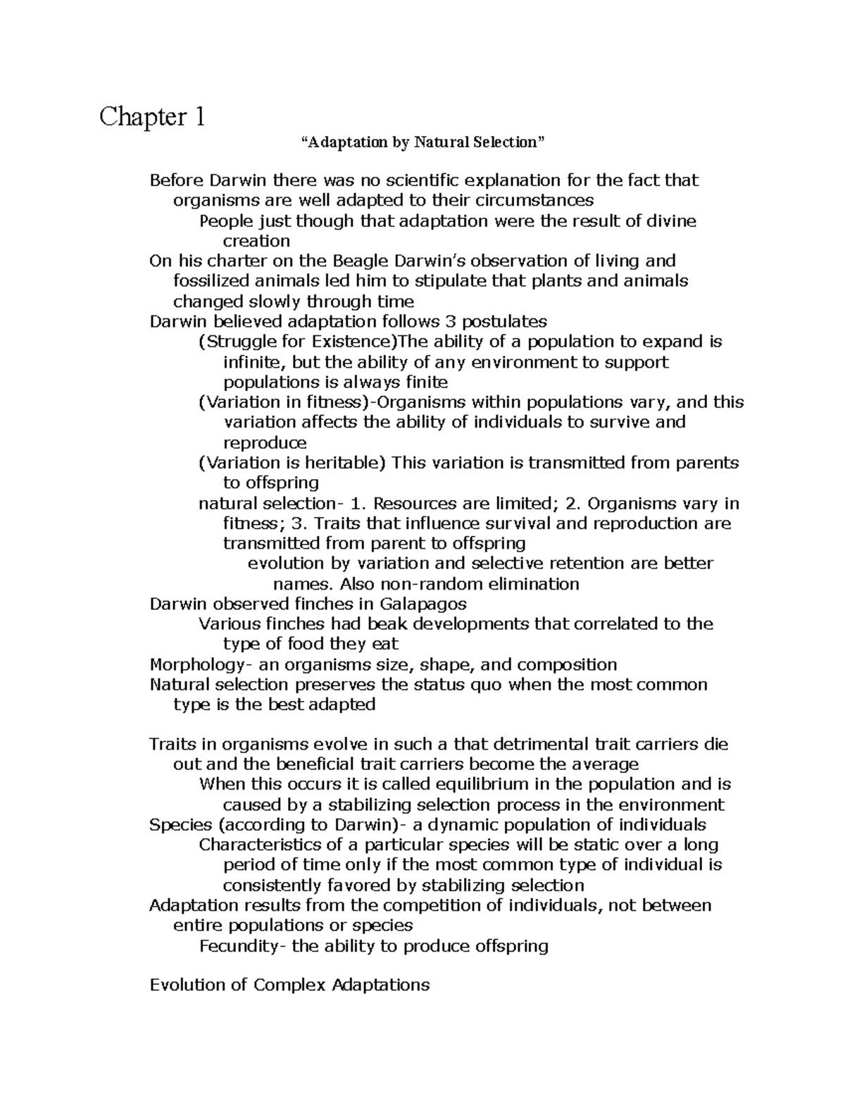 Summary Adaptation and Natural Selection - Summary of book chapters for ...