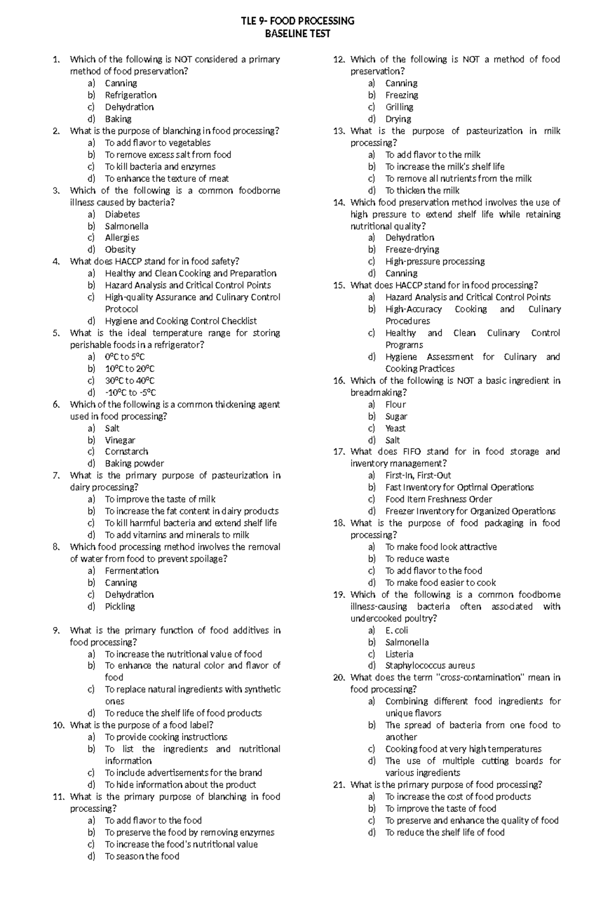 Baseline Test for TLE 9 FP - TLE 9- FOOD PROCESSING BASELINE TEST 1 ...