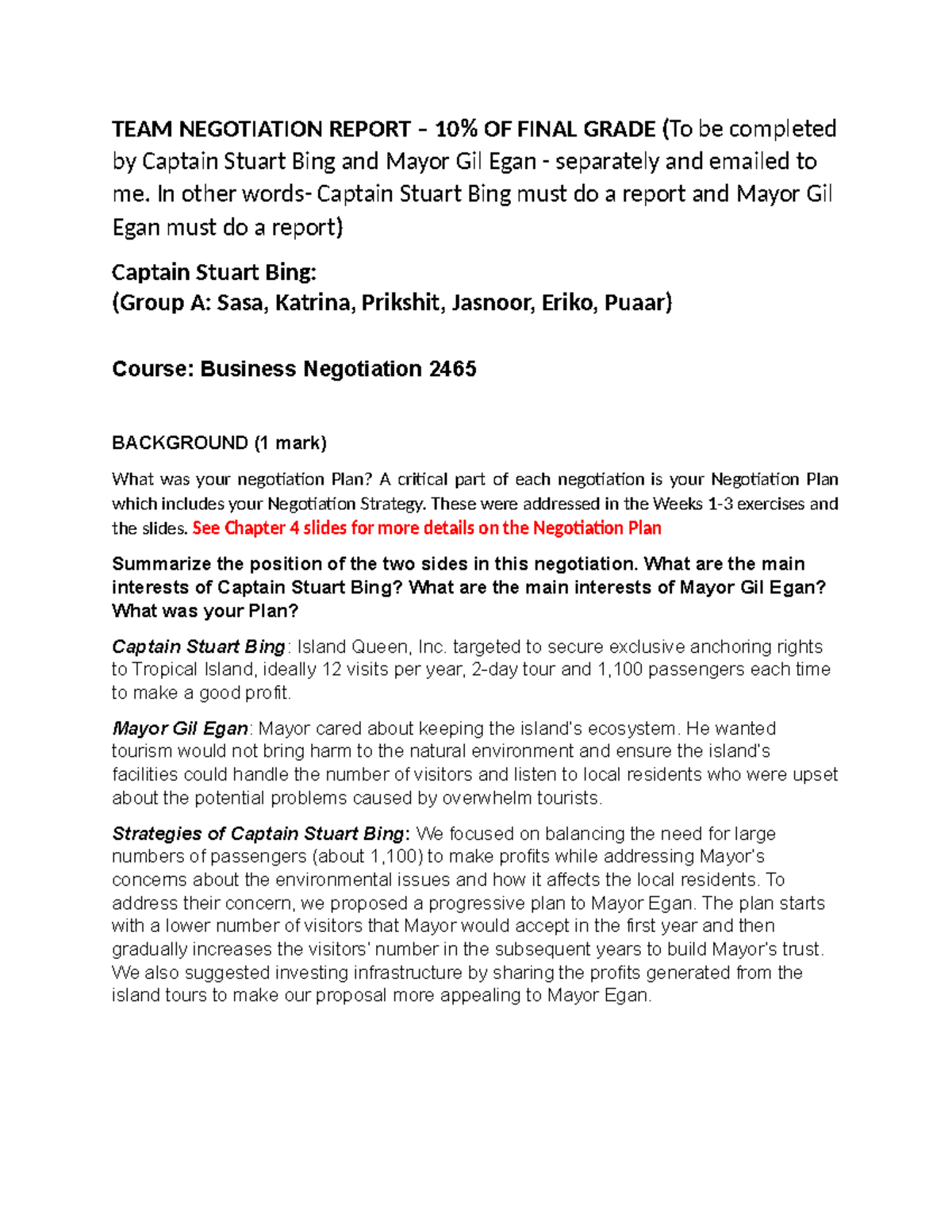 Team Negotiation Report- Captain Stuart and Mayor Egan-10% (Group A ...