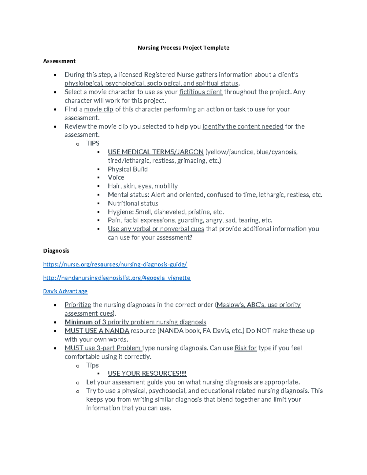 Nursing Process Project Template Outline - Nursing Process Project ...