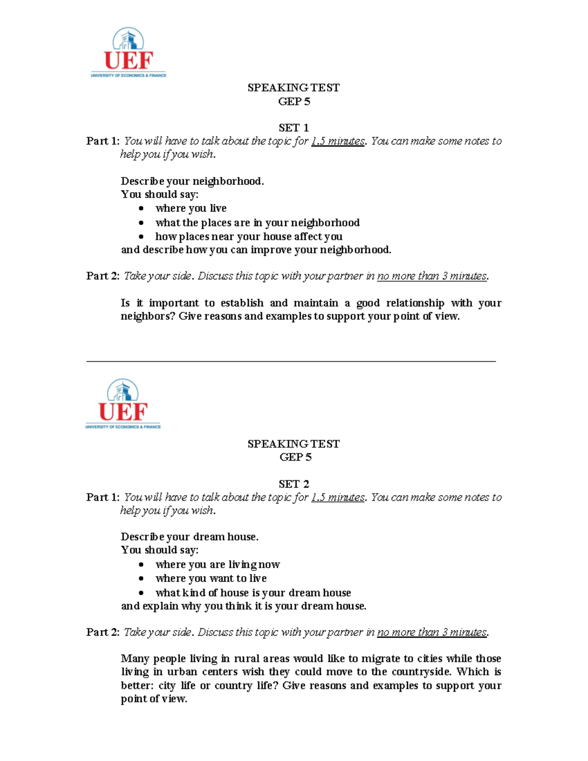 GEP 5 Speaking test - Test Sets updated - GEP 5 SET 1 Part 1: You will ...