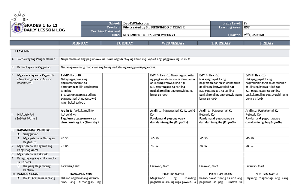 DLL ESP 4 Q2 W2 - zbcnfhshsdbcx sdbdsb - GRADES 1 to 12 DAILY LESSON ...