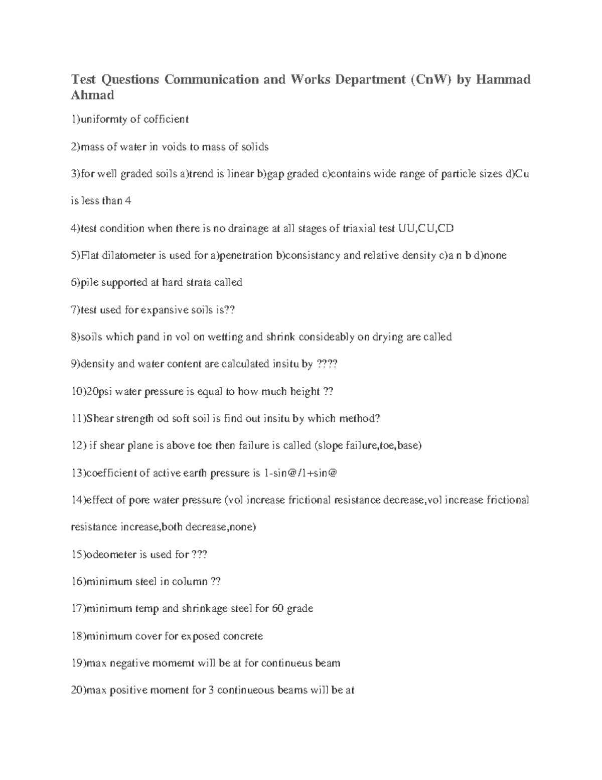 C&W Past - Test Questions Communication and Works Department (CnW) by ...