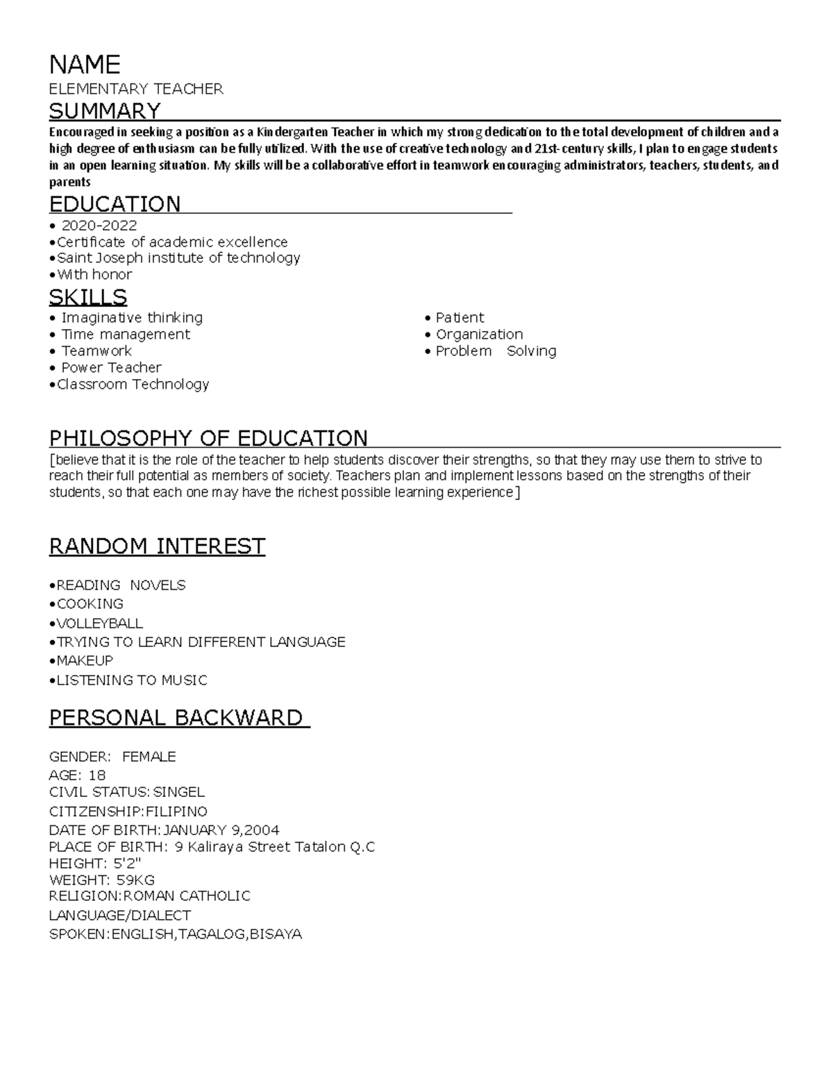 Final- Resume - English major - NAME ELEMENTARY TEACHER SUMMARY ...