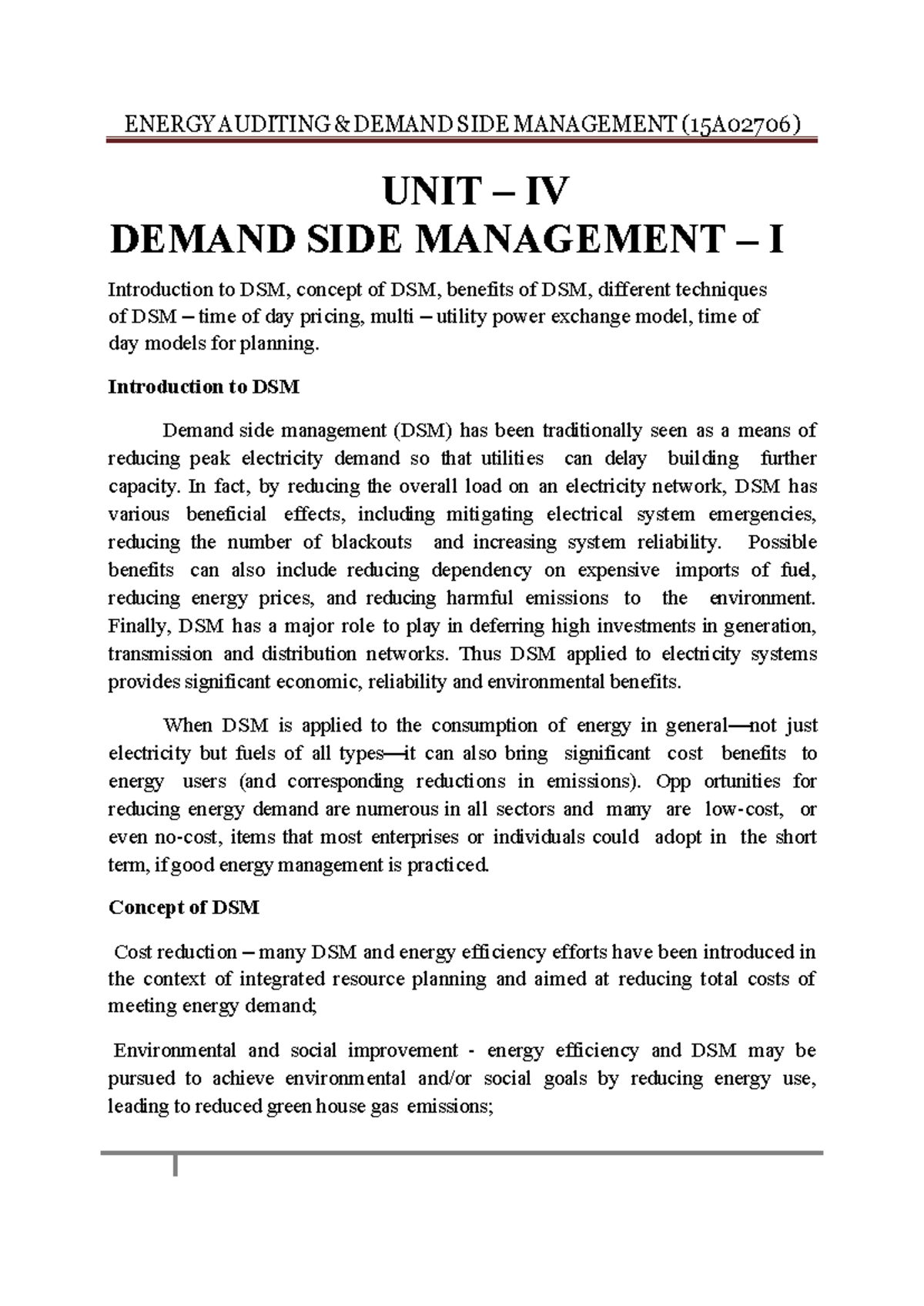 Unit III - imp - UNIT IV DEMAND SIDE MANAGEMENT I Introduction to DSM, concept of DSM, benefits ...