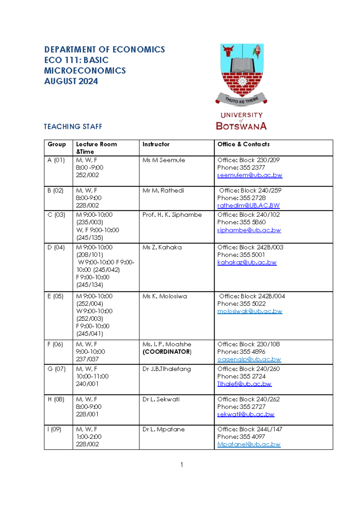 ECO 111 Course Outline 2024 - DEPARTMENT OF ECONOMICS ECO 111: BASIC ...