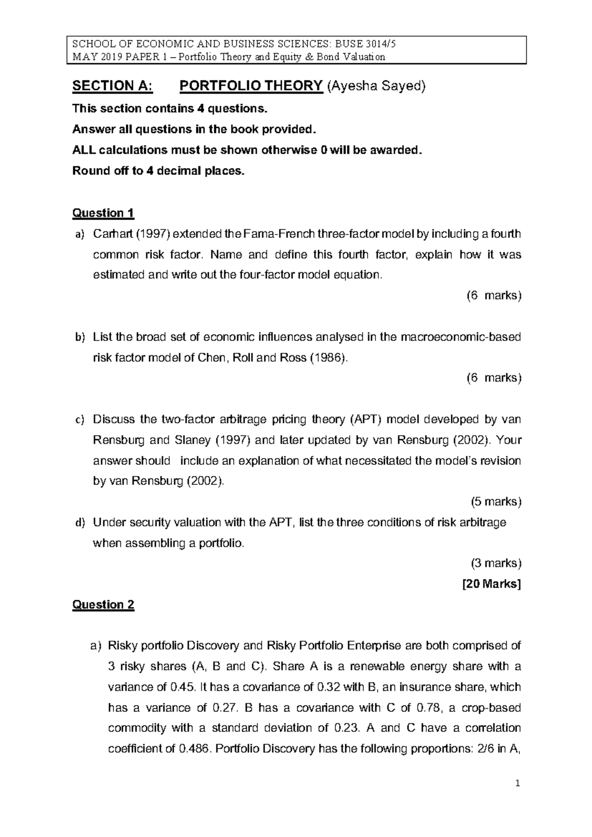 BUSE 3014 P1 A 2019 Final - MAY 201 9 PAPER 1 – Portfolio Theory and Equity & Bond Valuation ...