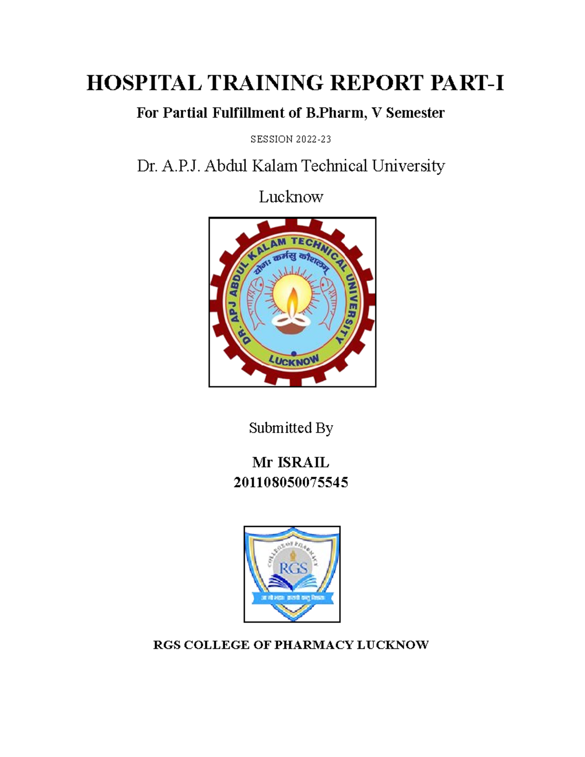 Front PAGE Hospital Training Report - HOSPITAL TRAINING REPORT PART-I ...