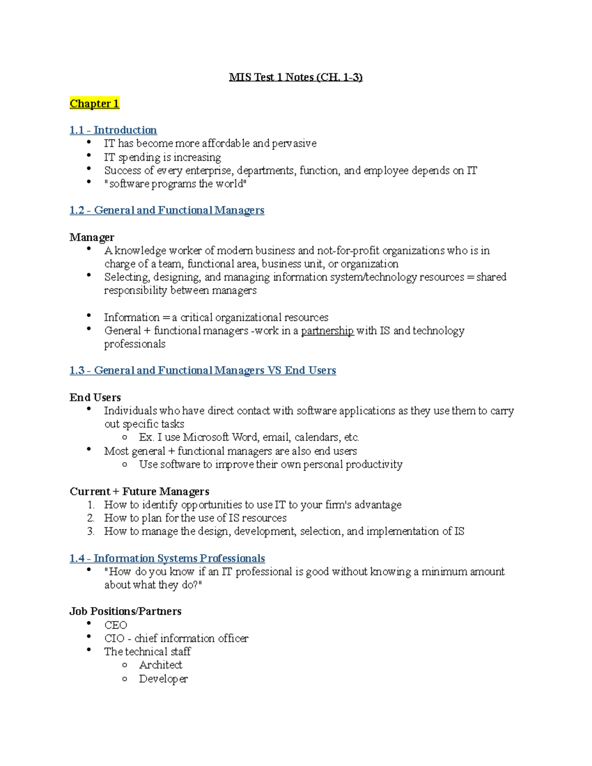 MIS Test 1 Notes - MIS Test 1 Notes (CH. 1-3) Chapter 1 1 ...