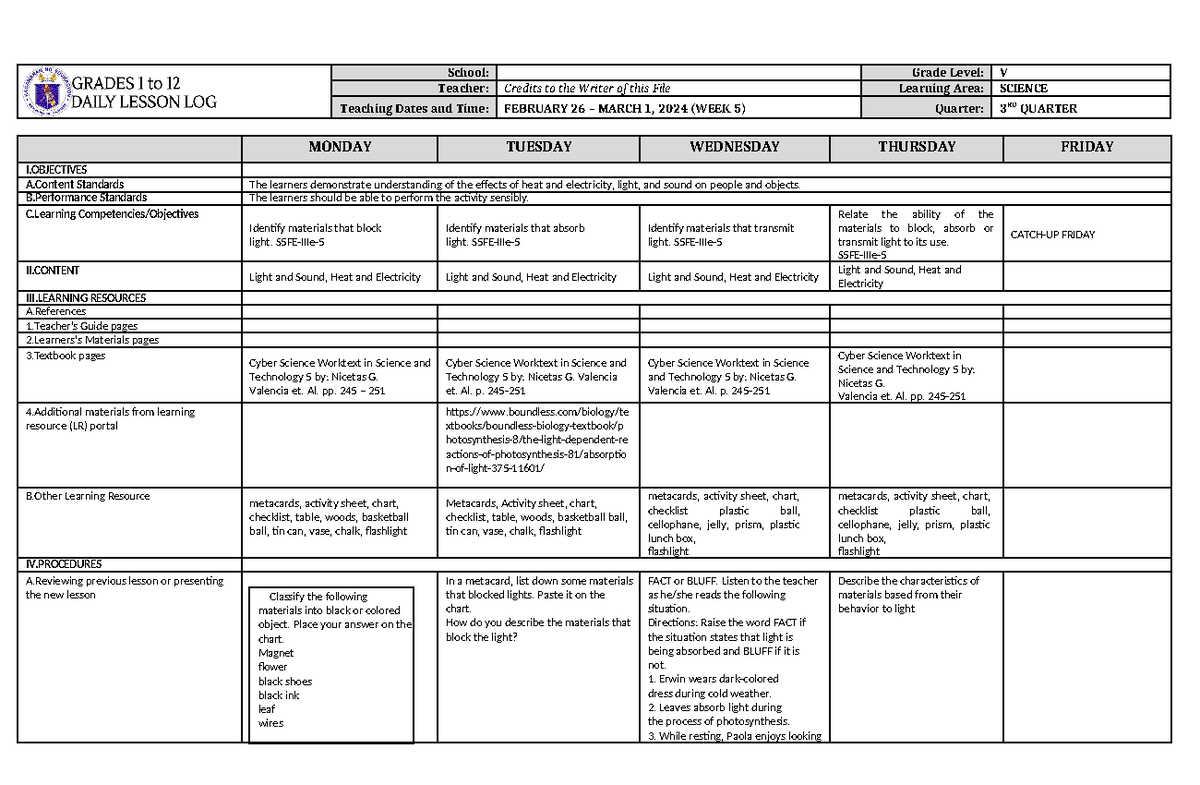 Science 5 Dated FEB. 28 TO March 1 - School: Grade Level: V Teacher ...