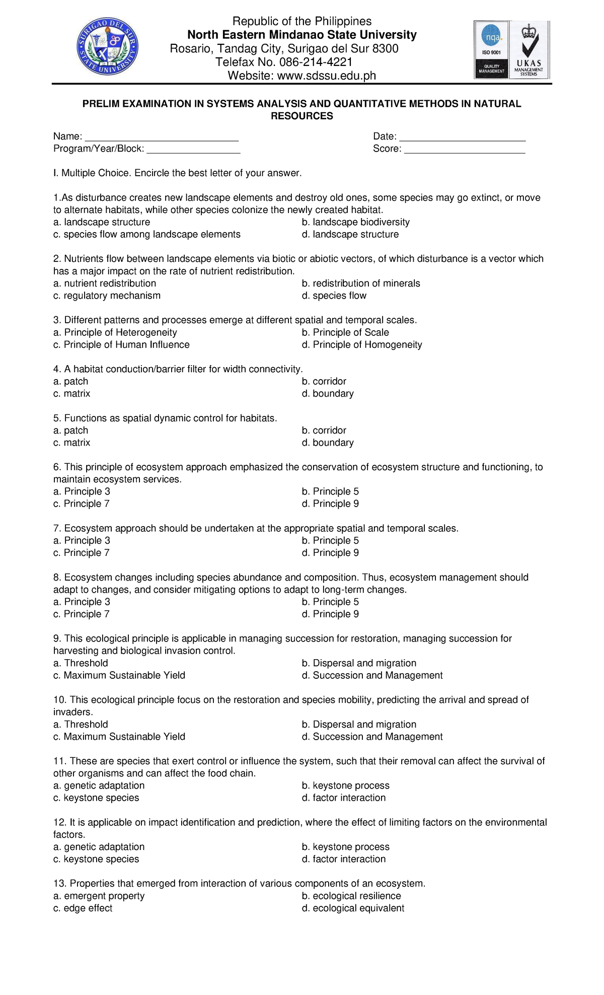 Prelim Examination In Systems Analaysis And Quantitative Methods In Natural Resources Republic