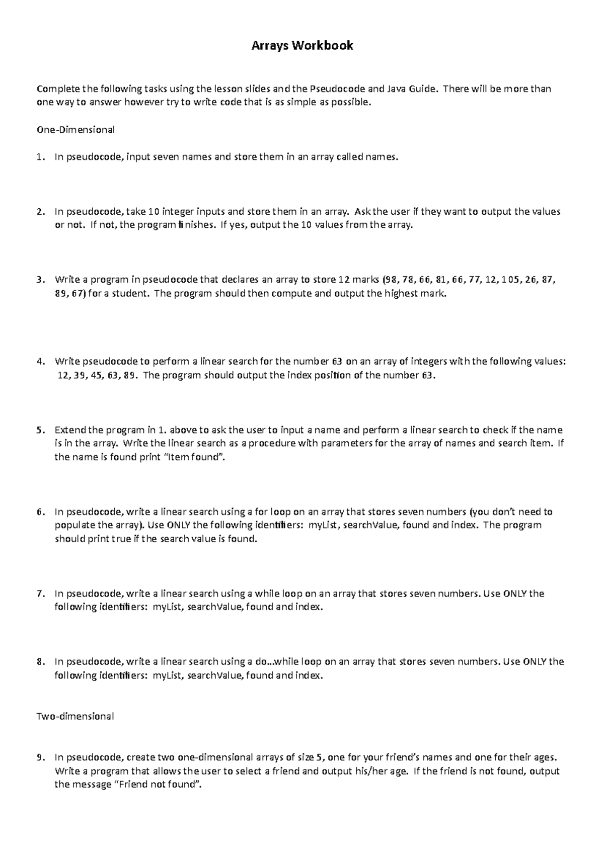 Arrays Workbook for students - Arrays Workbook Complete the following ...