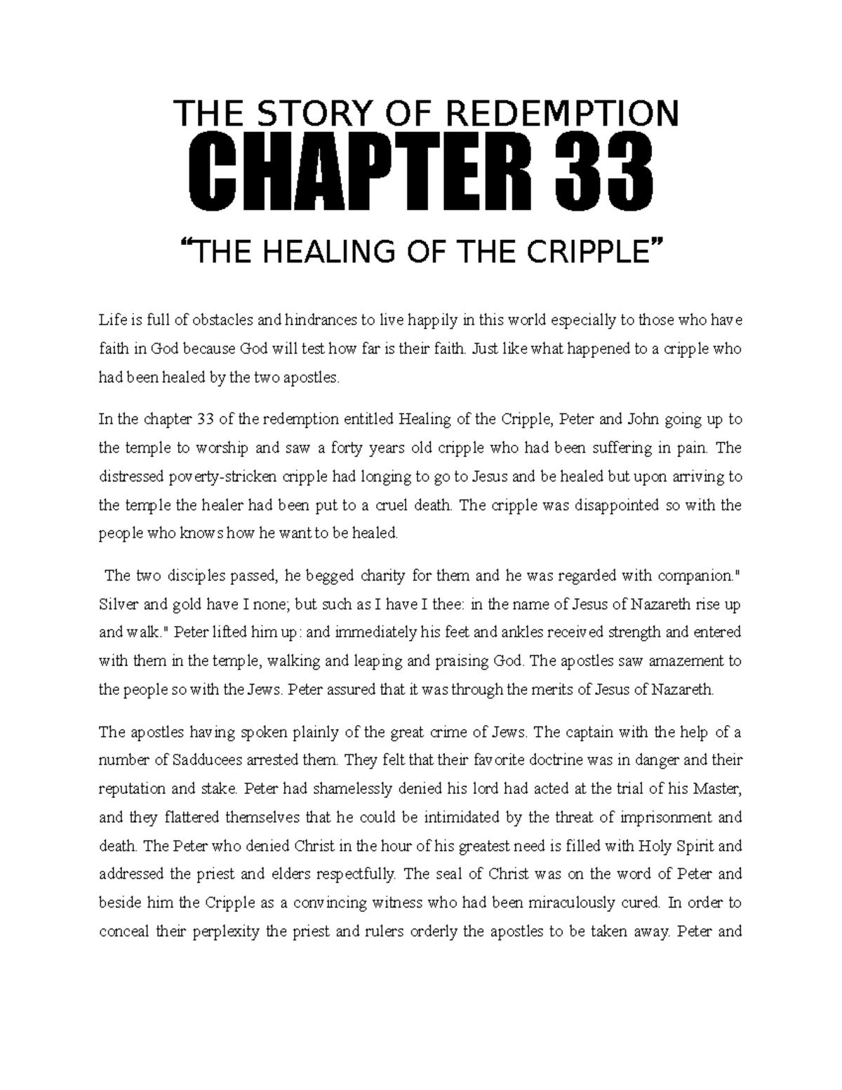THE Story OF Redemption Chapter 33 THE Healing OF THE Cripple - THE ...
