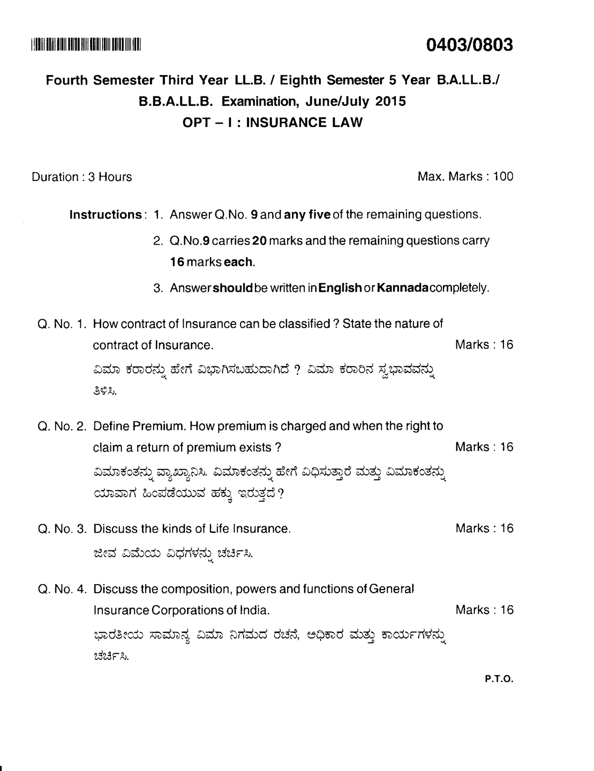 Insurance Law June 2015 - Bba llb - Studocu