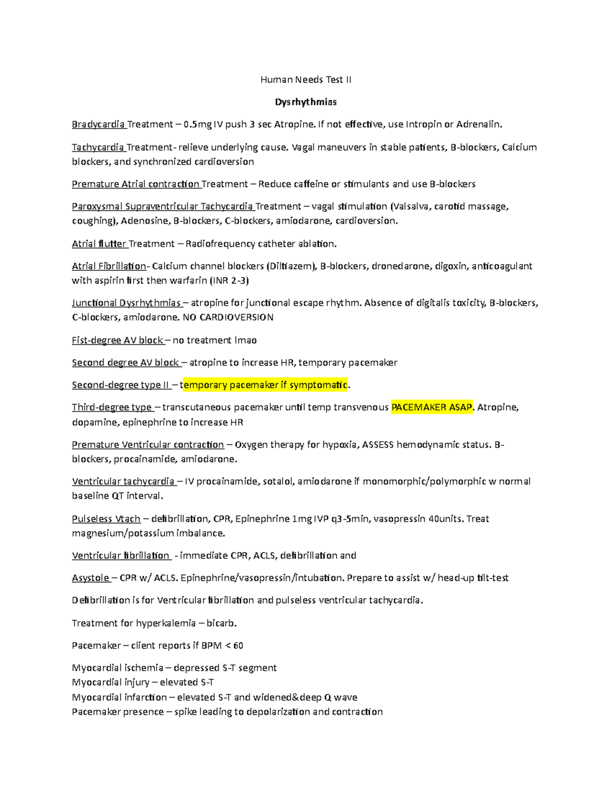 Human Needs Test II - Human Needs Test II Dysrhythmias Bradycardia ...