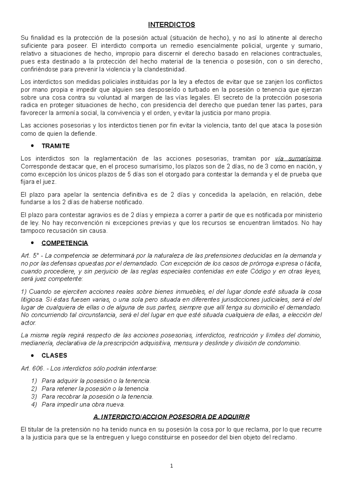 Interdictos Proce II - ... - INTERDICTOS Su finalidad es la protección ...