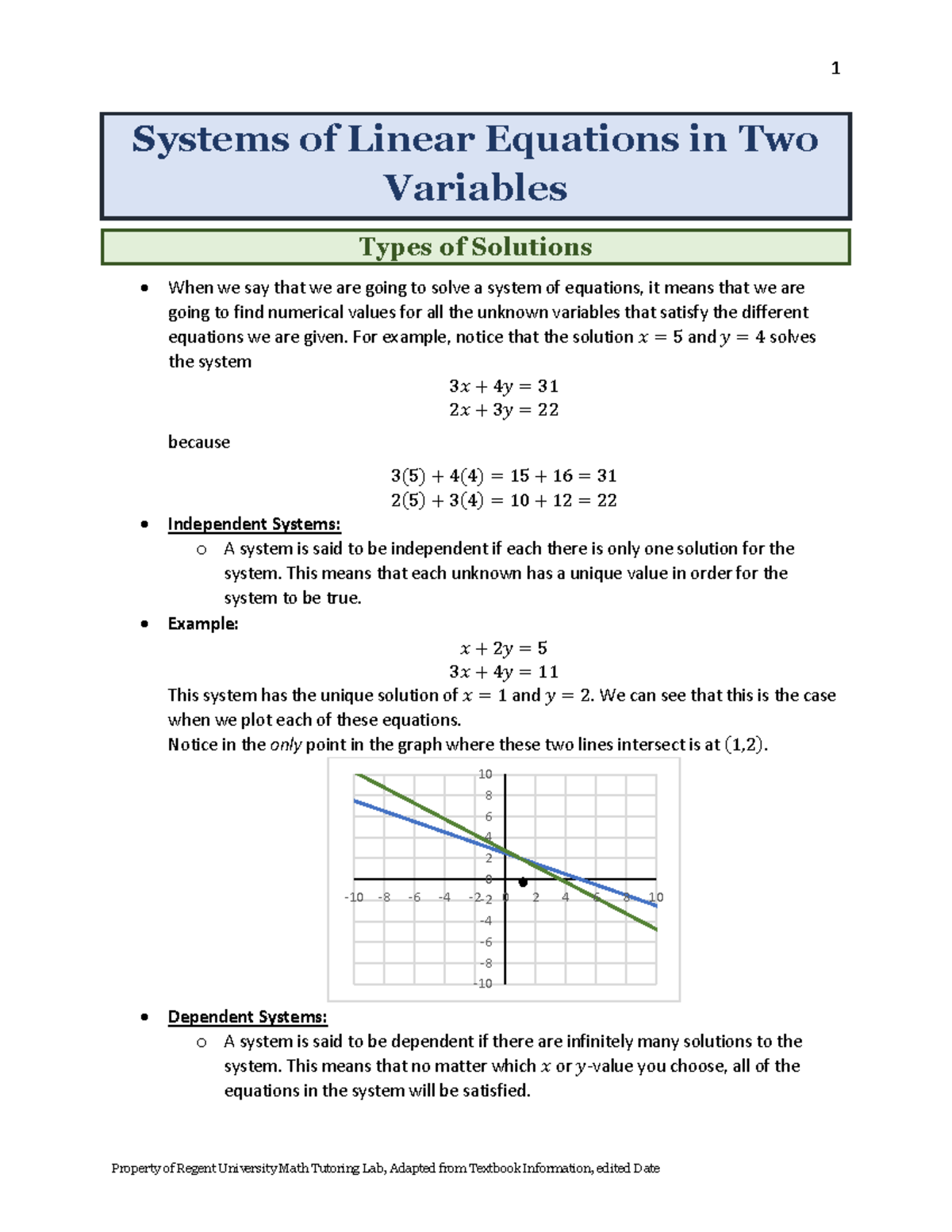 Mathematics 2020 - Systems of Linear Equations in Two Variables Types ...