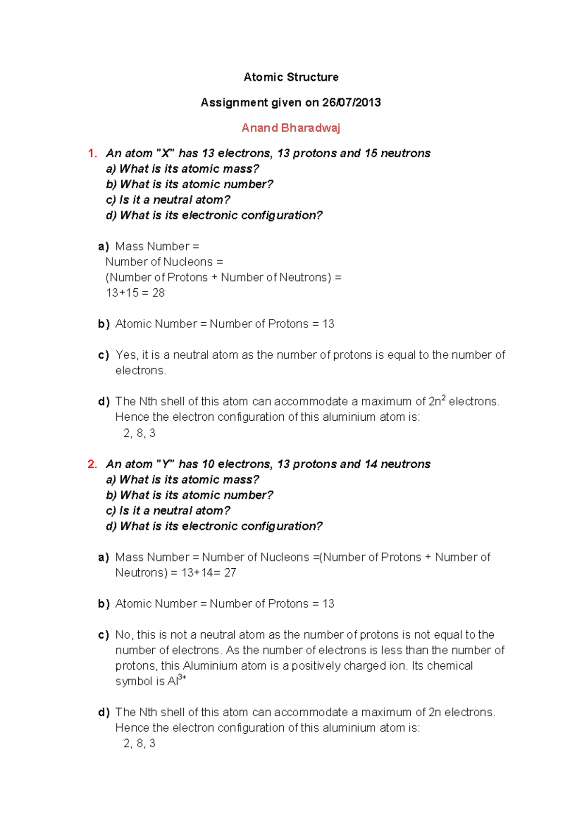Atomic Structure - Atomic Structure Assignment given on 26/07/ Anand ...