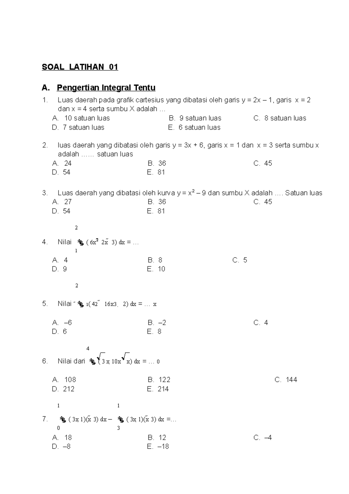 06-Latihan 05-Pengertian Integral Tentu - SOAL LATIHAN 01 A. Pengertian ...