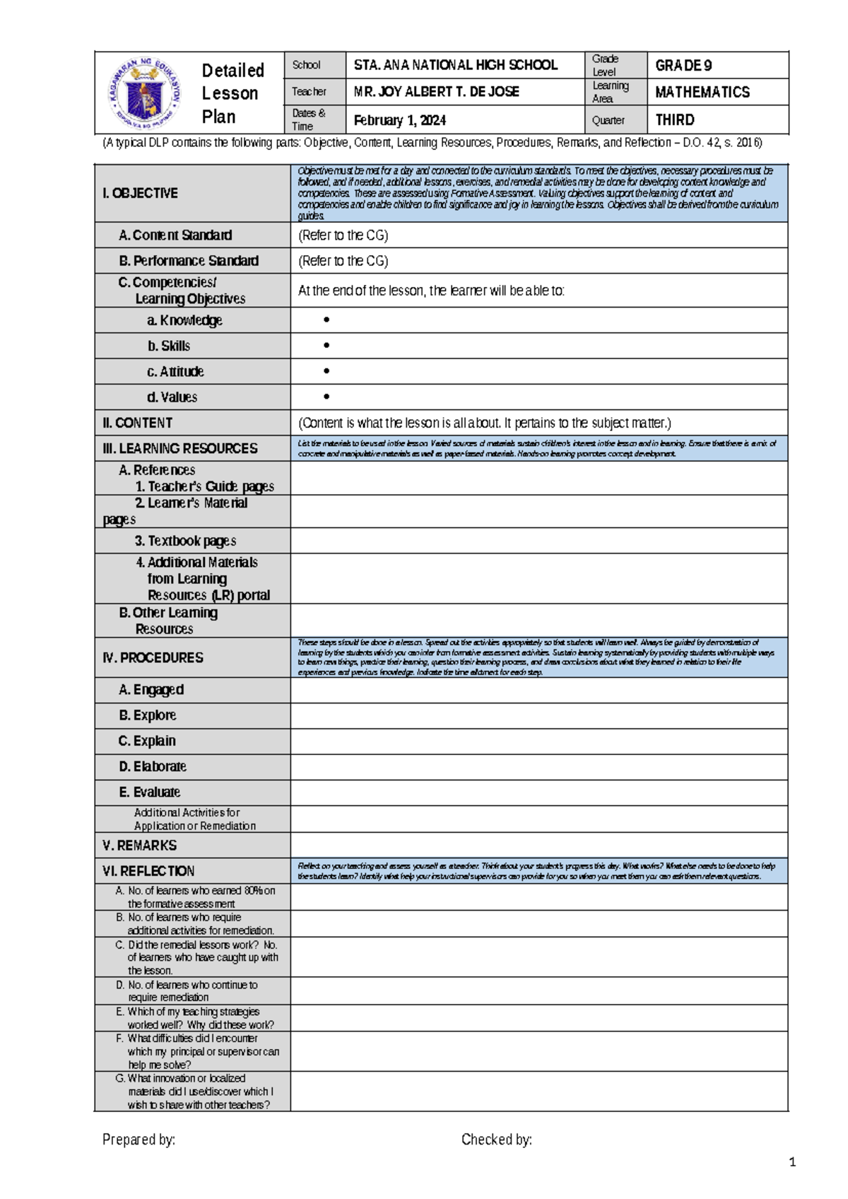 Detailed Lesson Plan Format - Detailed Lesson Plan School STA. ANA ...