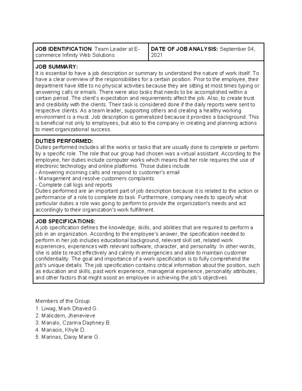 REC SEL JOB DES - JOB DESCRIPTION EXAMPLE - JOB IDENTIFICATION: Team ...