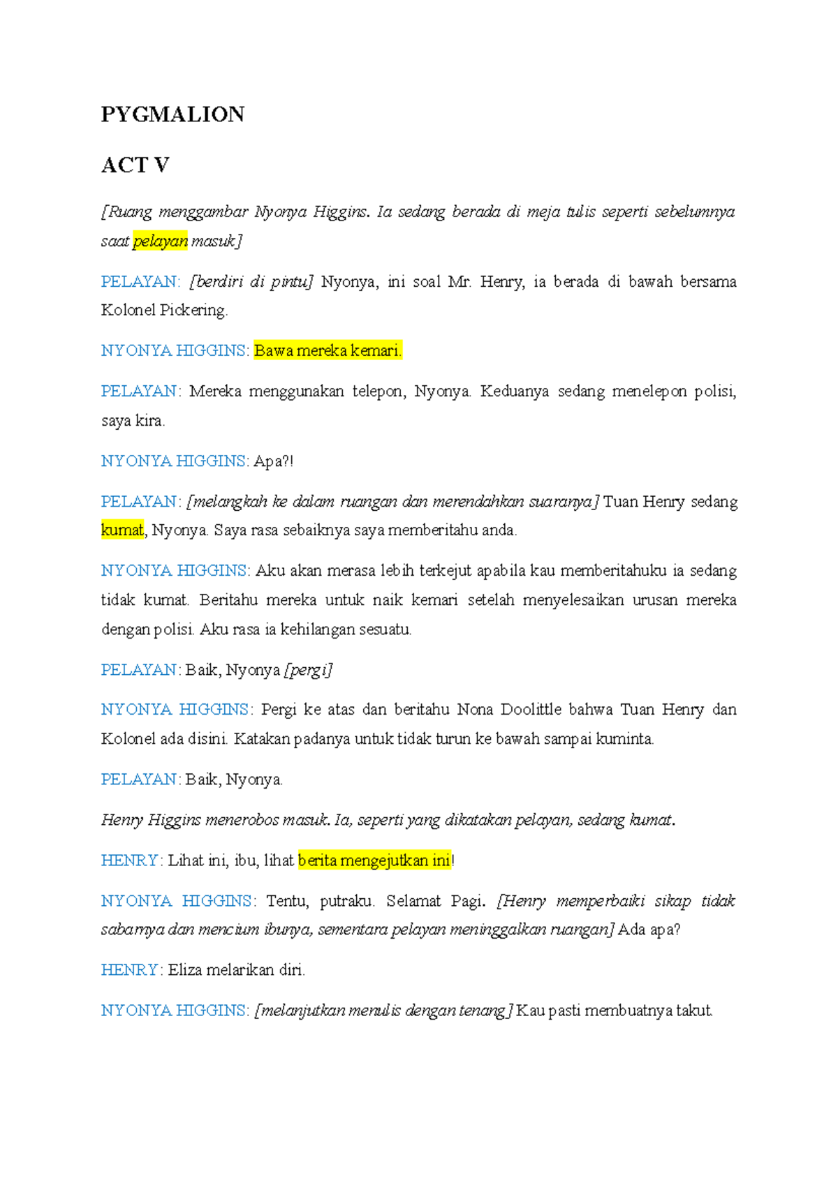 Translating Pygmalion Act 5 - PYGMALION ACT V [Ruang menggambar Nyonya ...