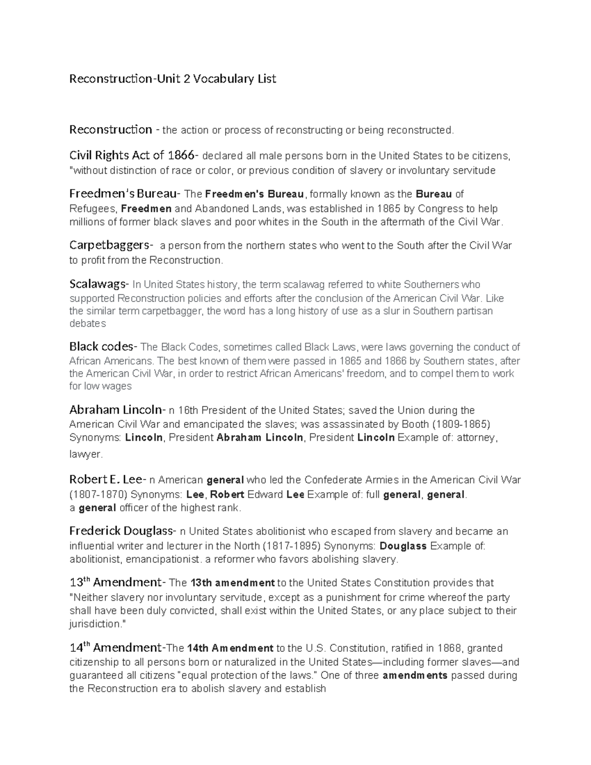 Reconstruction Vocabulary - Reconstruction-Unit 2 Vocabulary List ...