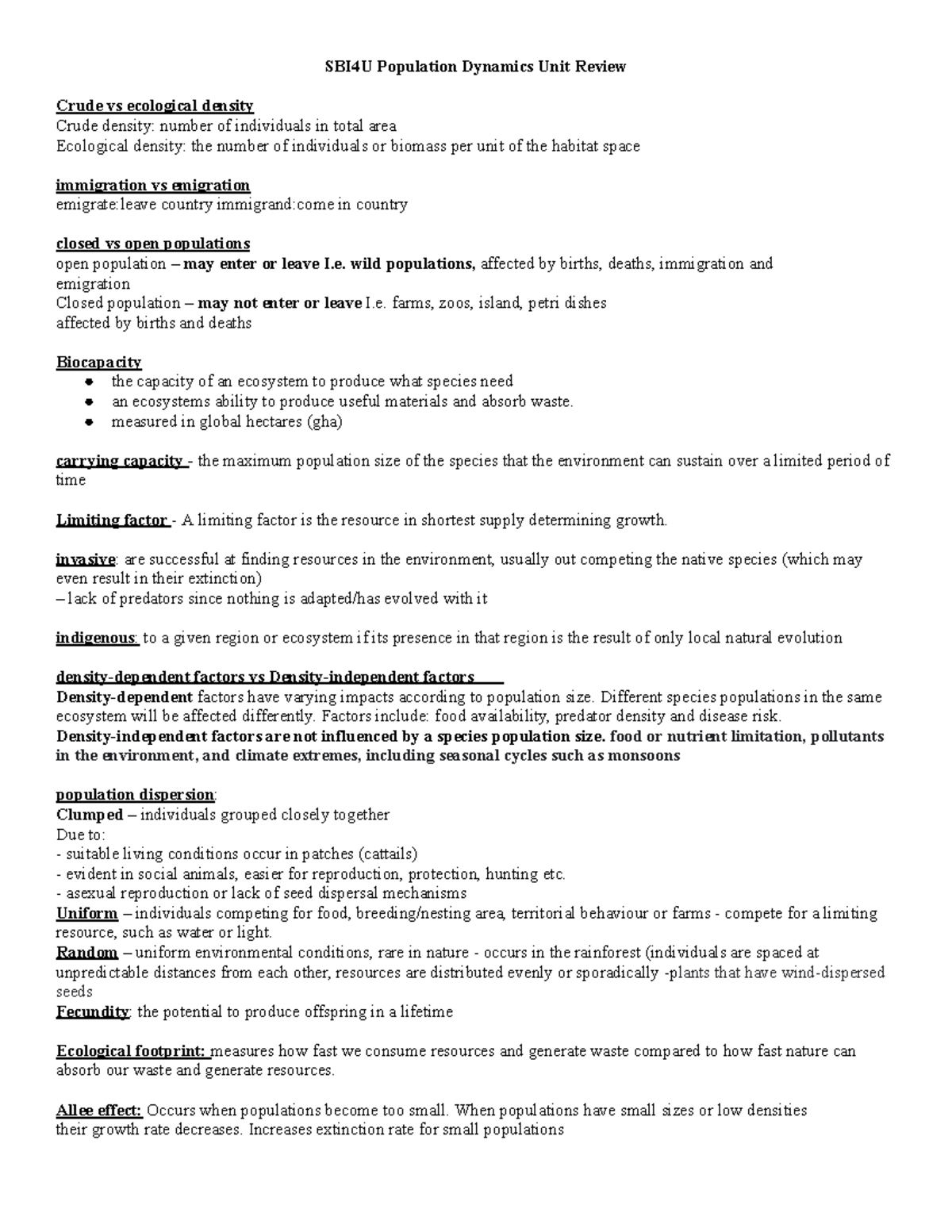 Population Dynamics Unit Review - wild populations, affected by births ...
