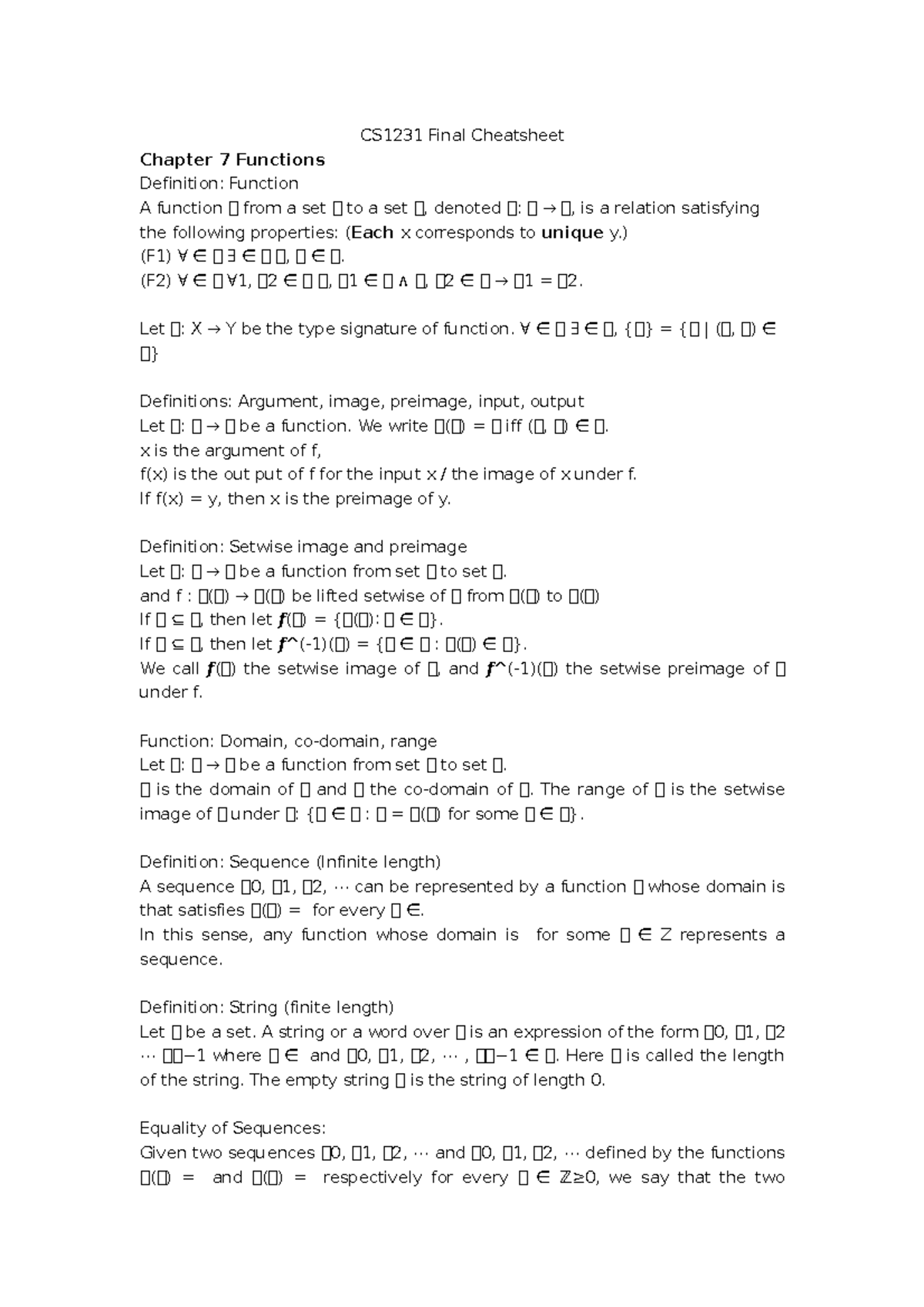 CS1231 final cheatsheet - CS1231 Final Cheatsheet Chapter 7 Functions Definition: Function A ...