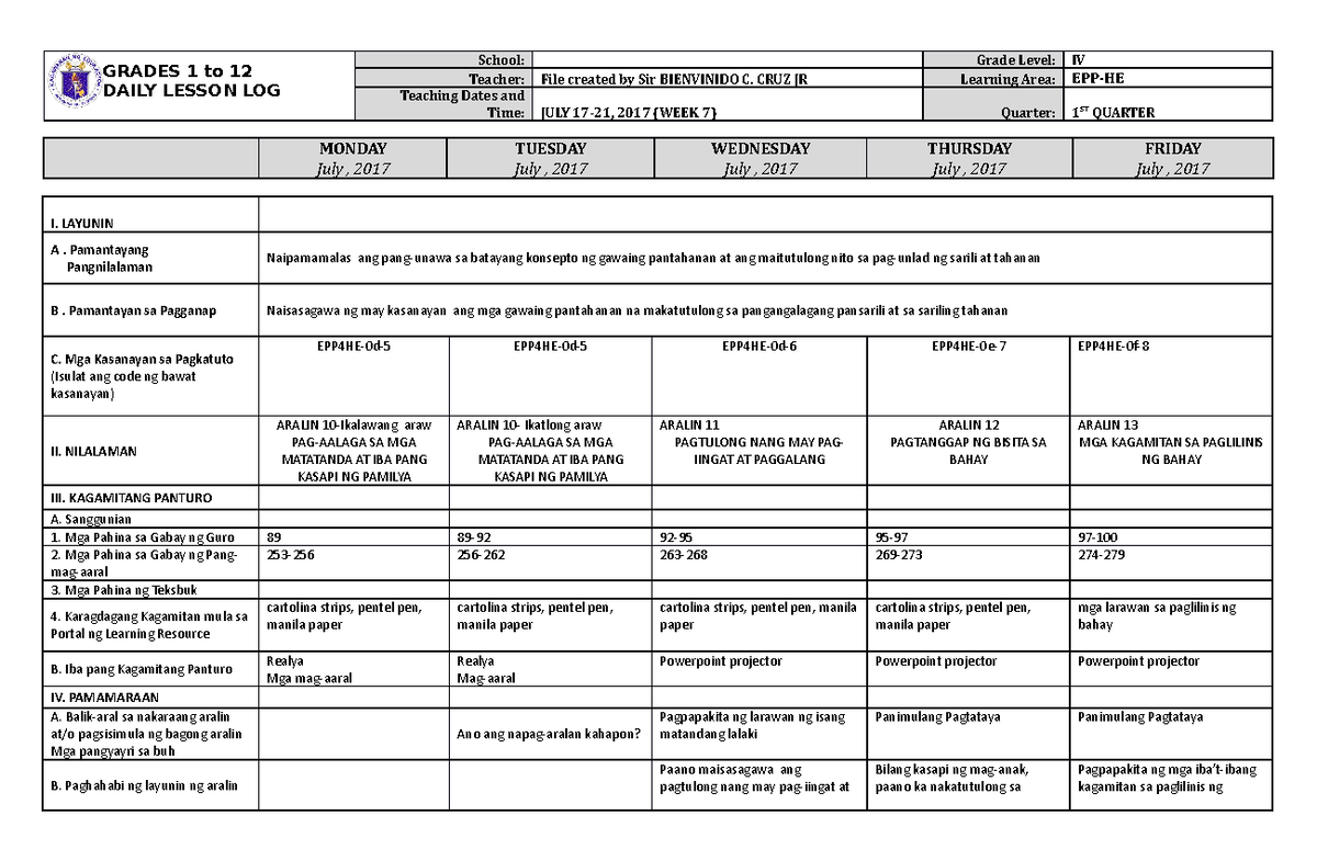Grade 4 DLL EPP-HE 4 Q1 Week 7 - GRADES 1 to 12 DAILY LESSON LOG School ...