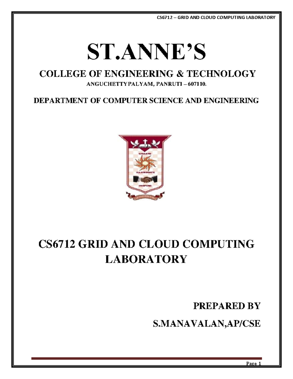 Cloud Computing Laboratory Sts College Of Engineering And Technology Anguchettypalyam Panruti
