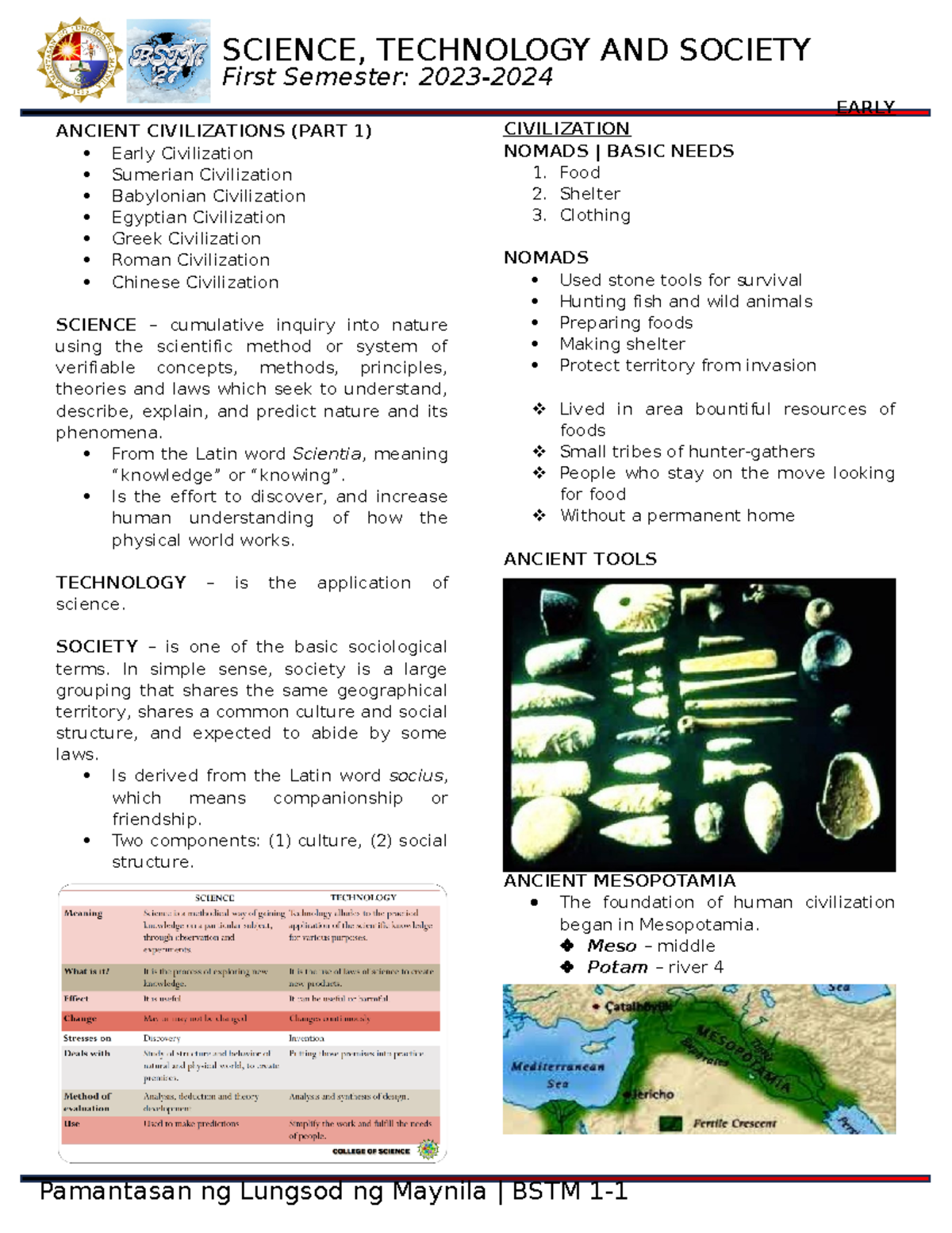 2023 Reviewer - STS - Lecture Notes - ANCIENT CIVILIZATIONS (PART 1 ...
