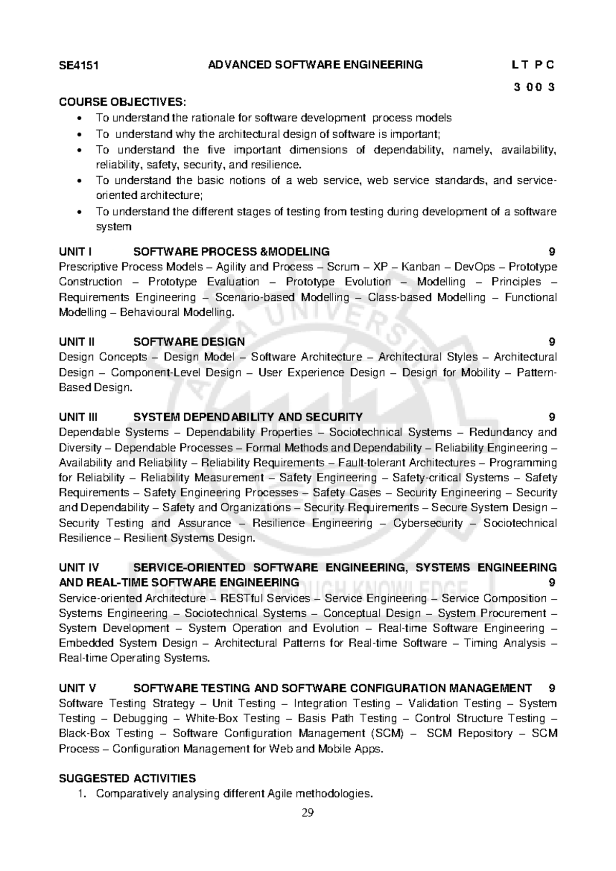 Syllabus - notes - 29 SE4151 ADVANCED SOFTWARE ENGINEERING L T P C 3 0 ...