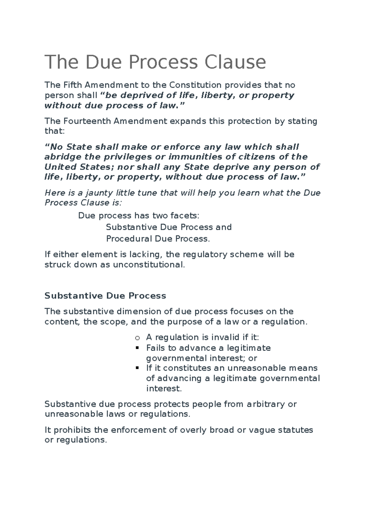 Due Process Clause Notes The Due Process Clause The Fifth Amendment