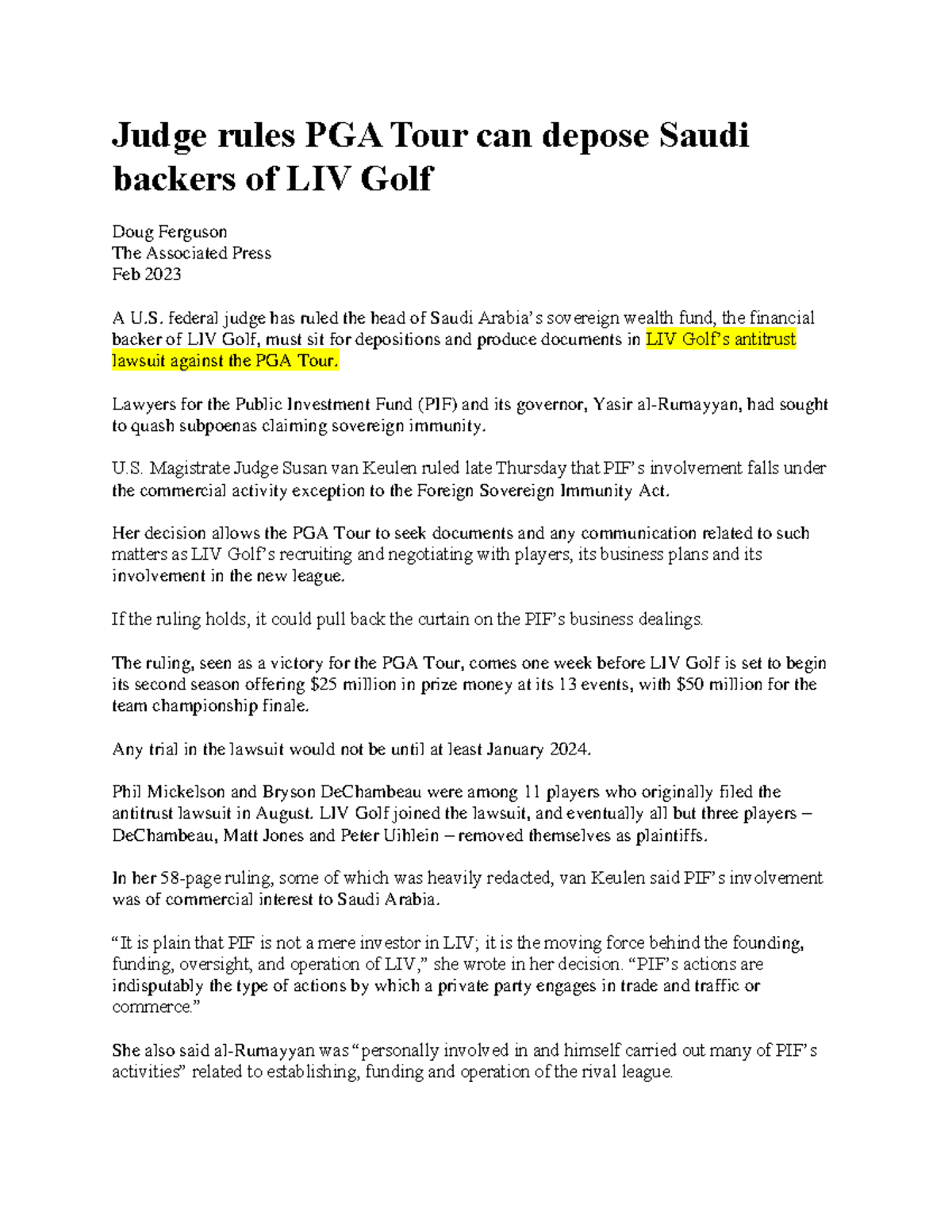 PGA v LIV - Extra reading of chapter 3 - Judge rules PGA Tour can ...