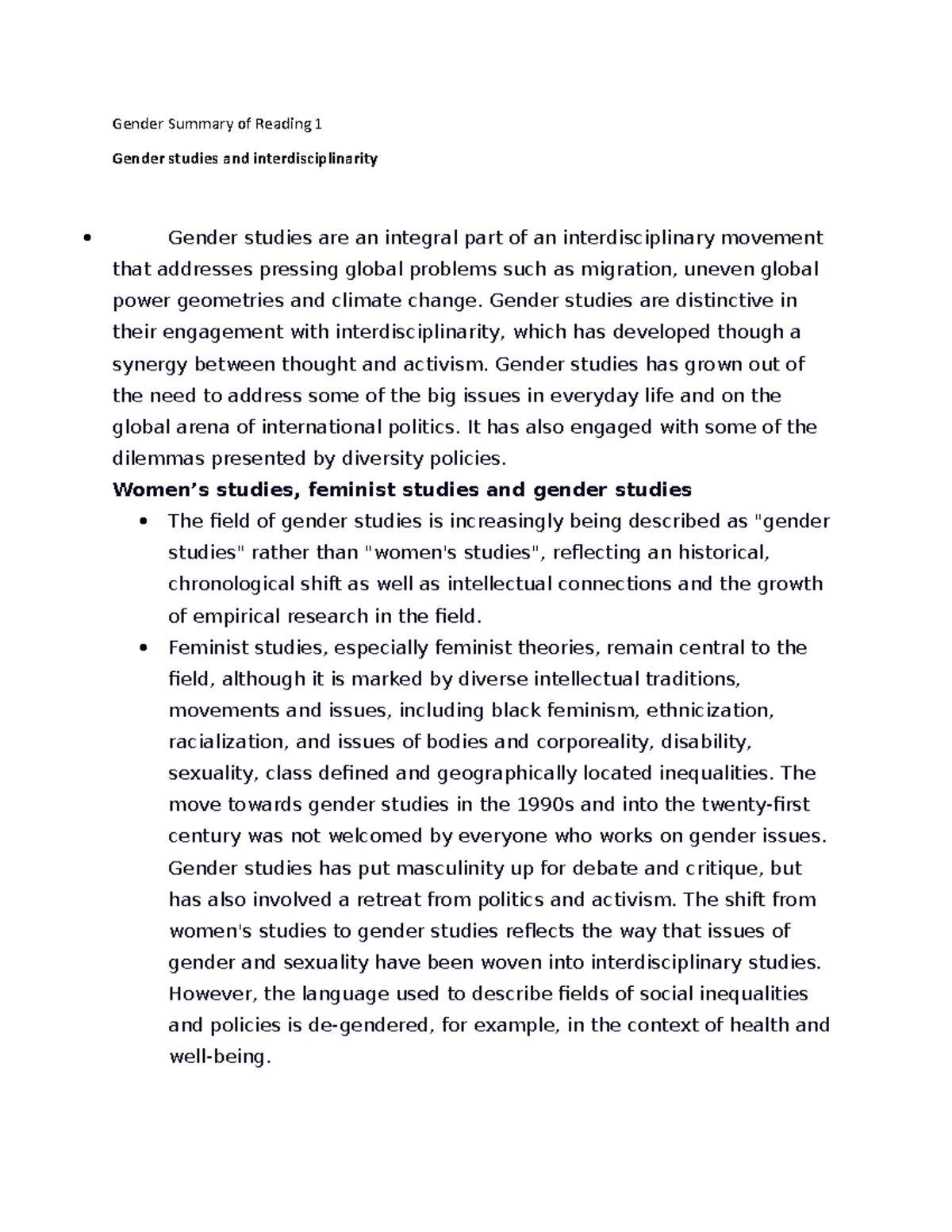 Gender and intersectionality - Gender Summary of Reading 1 Gender ...