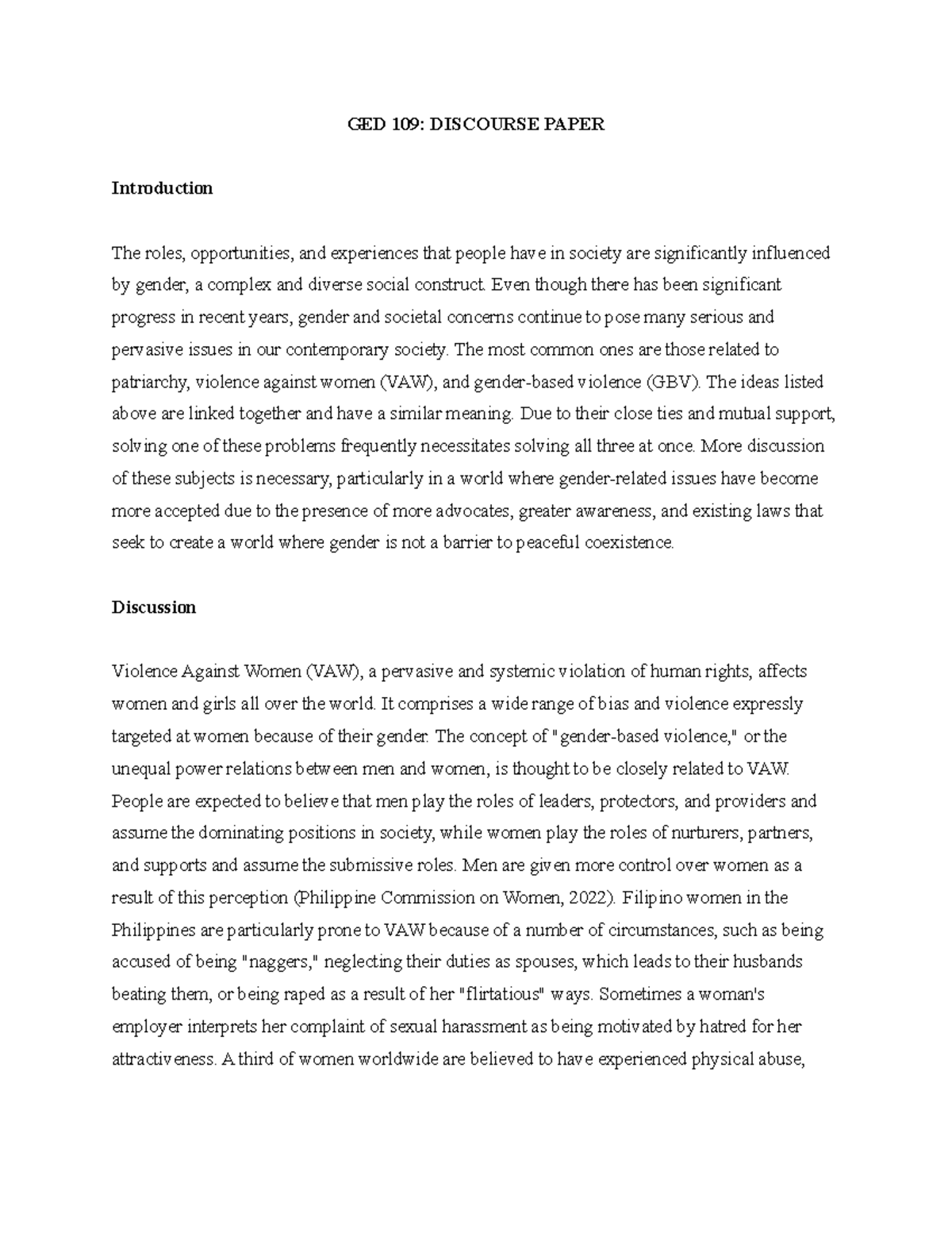 GED109- Discourse Paper - GED 109: DISCOURSE PAPER Introduction The ...