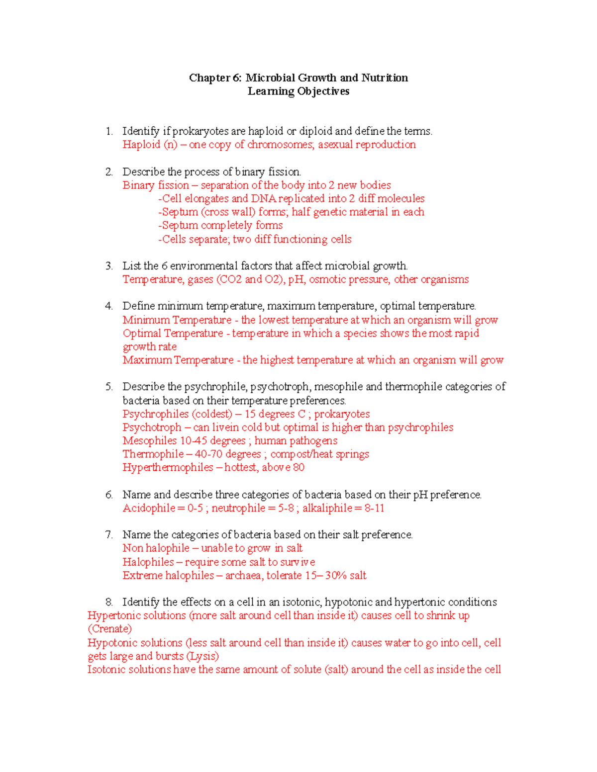 Chapter 6 LOs - Chapter 6: Microbial Growth and Nutrition Learning Objectives Identify if - Studocu