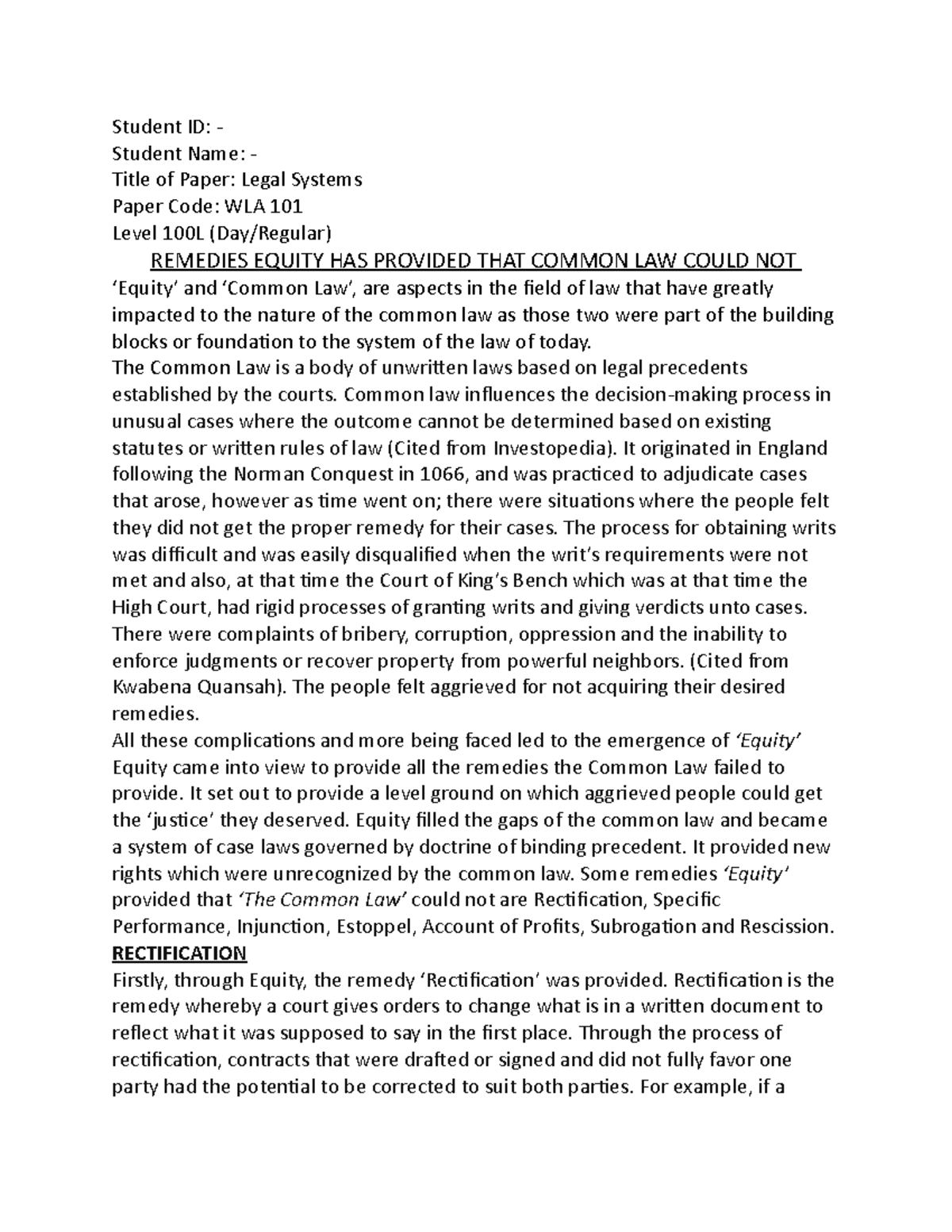 Legal Systems Assignment - Student ID: - Student Name: - Title of Paper ...