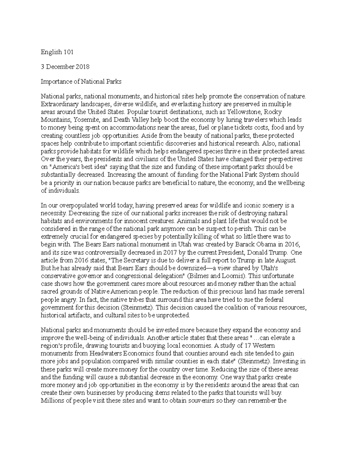 National Parks - Grade: A - English 101 3 December 2018 Importance of ...