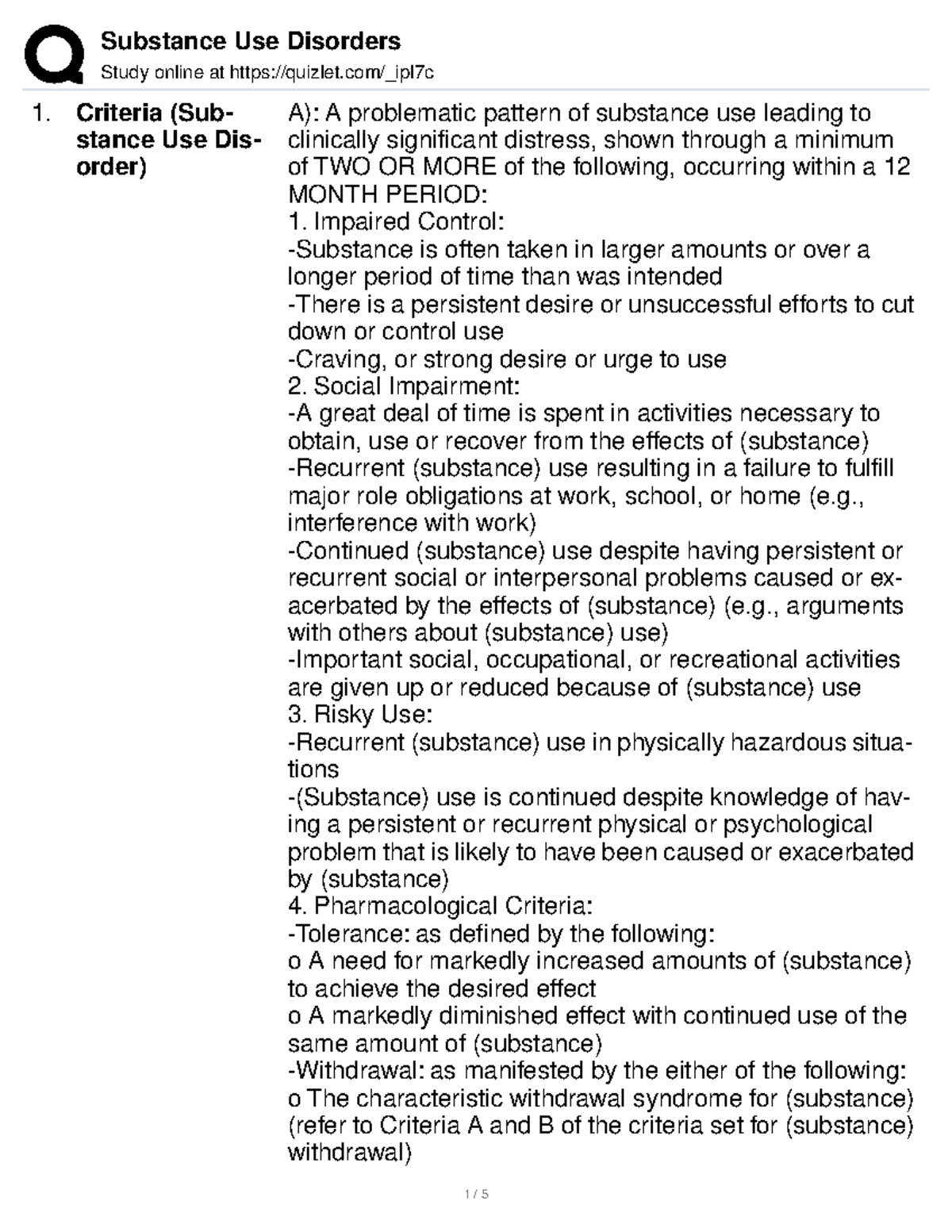 Substance Use Disorders Notes - Study online at quizlet/_ipl7c Criteria ...
